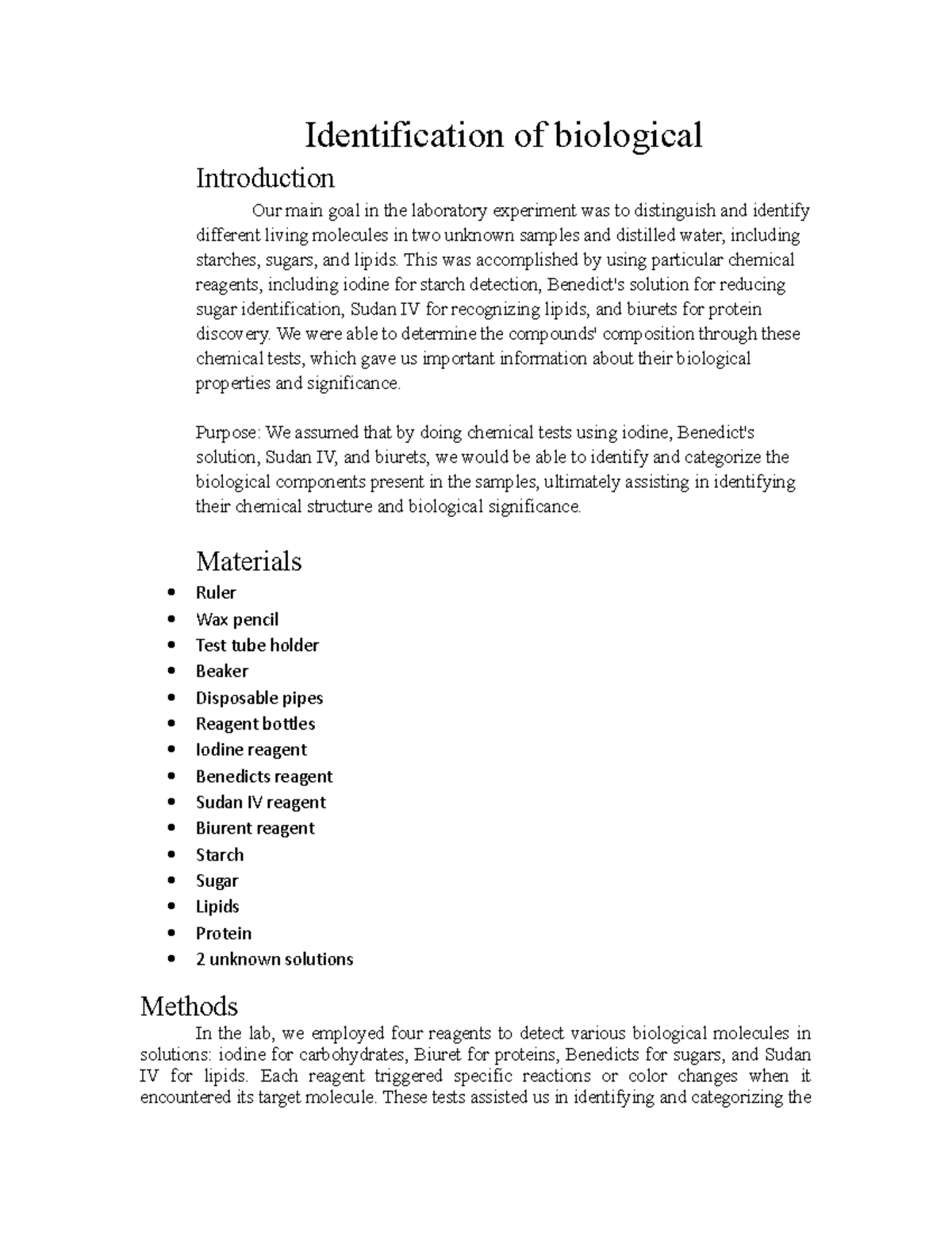 Lab Report - Identification of Biomolecules Using Chemical Tests - Studocu