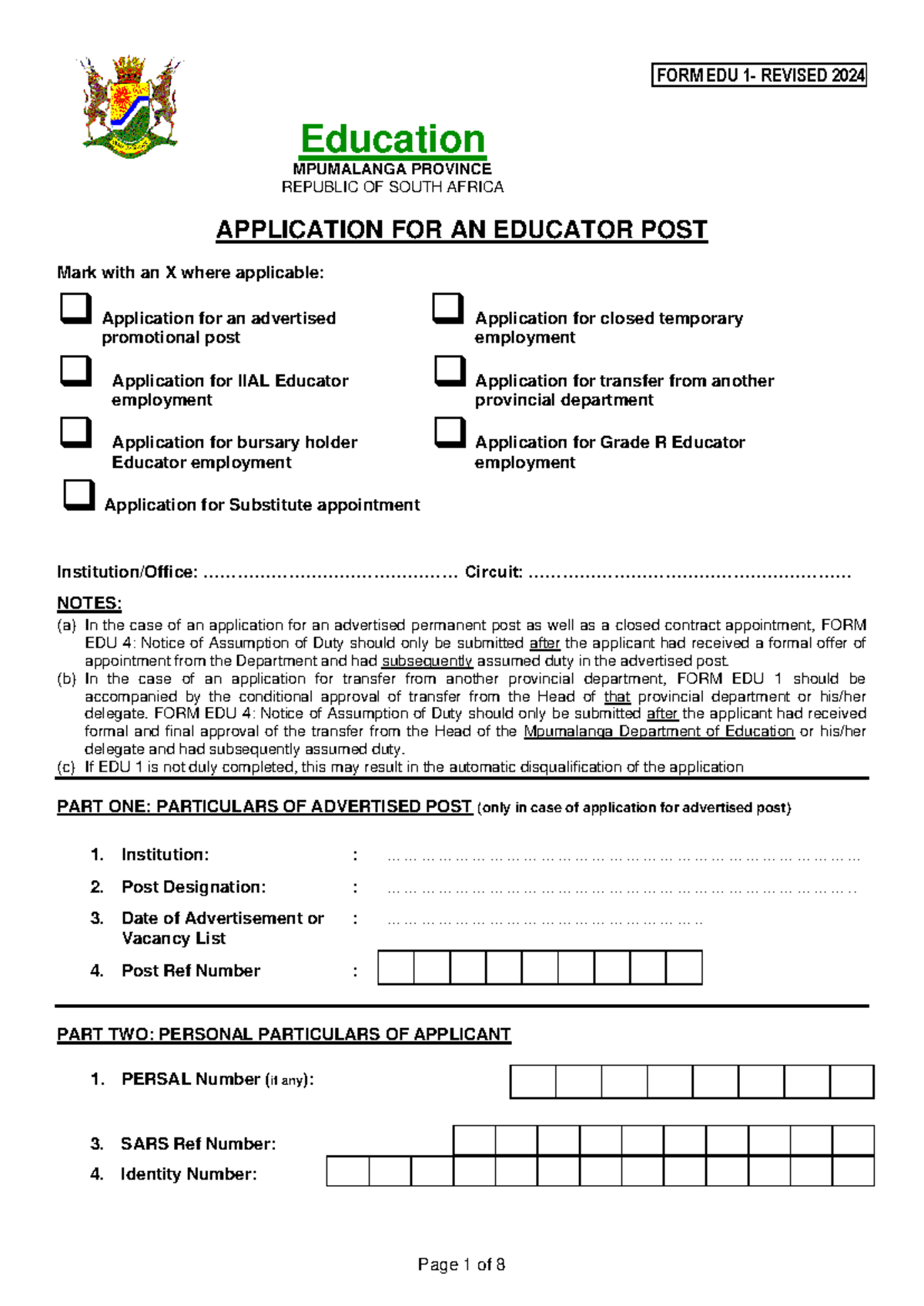 EDU1 Application Form for Educator Post - Mpumalanga 2024 - Studocu