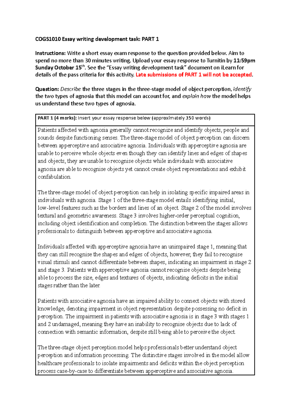 COGS1010 Part 1 - Essay Exam on Object Perception Model - Studocu