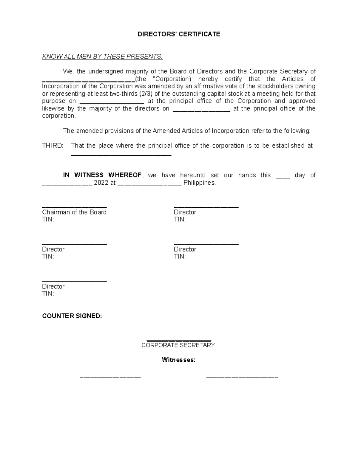 Directors Certificate - Amendment of Principal Office Address - Studocu