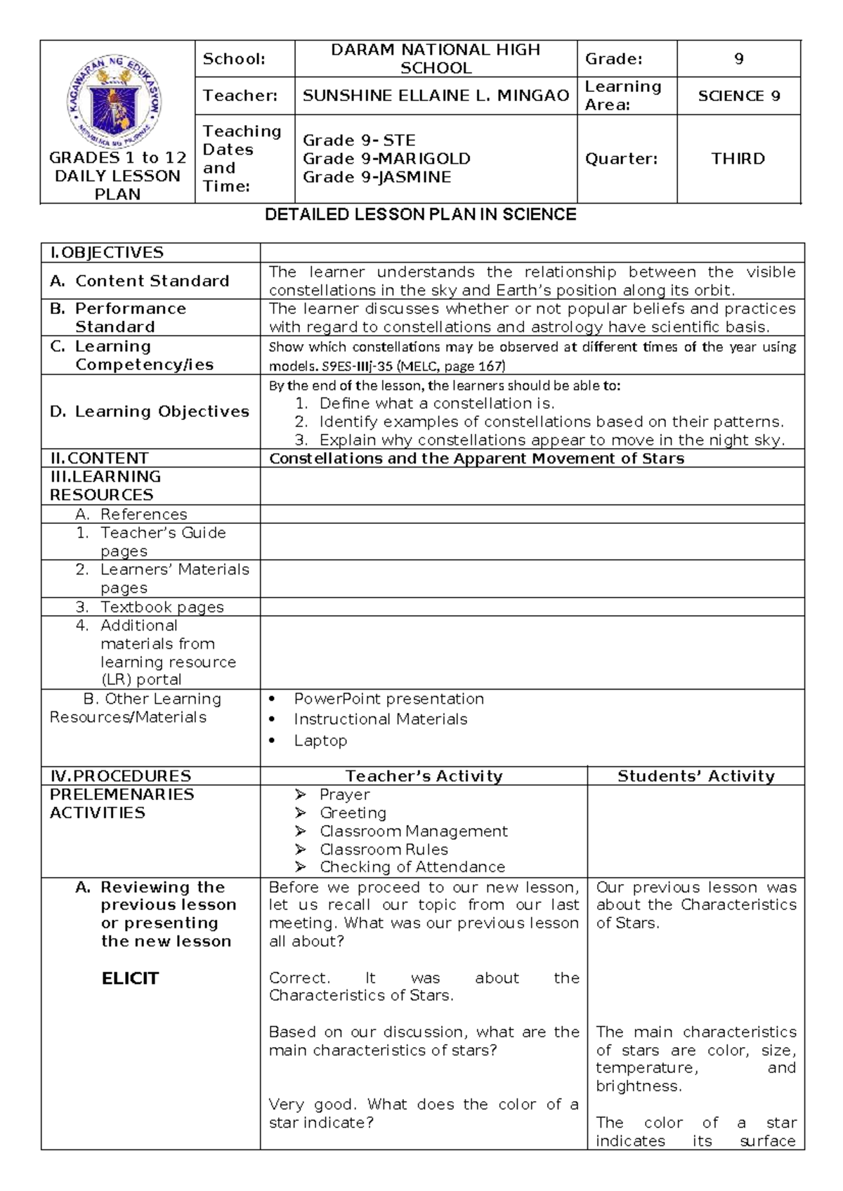 DNHS DLP#1: Detailed Lesson Plan for Science 9 - Third Quarter - Studocu