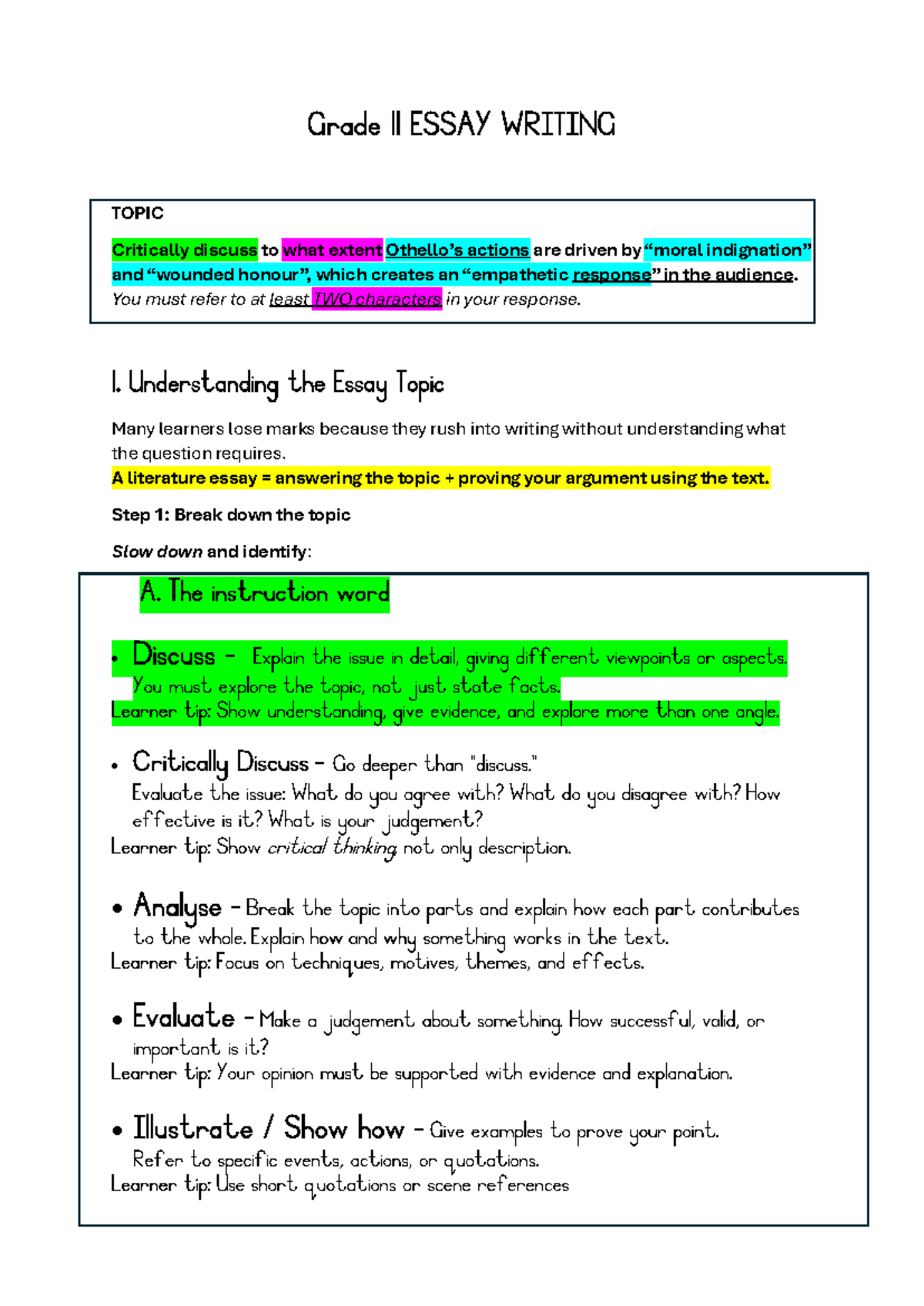 Grade 11 ESSAY WRITING: Analyzing Character Motivations in Literature ...