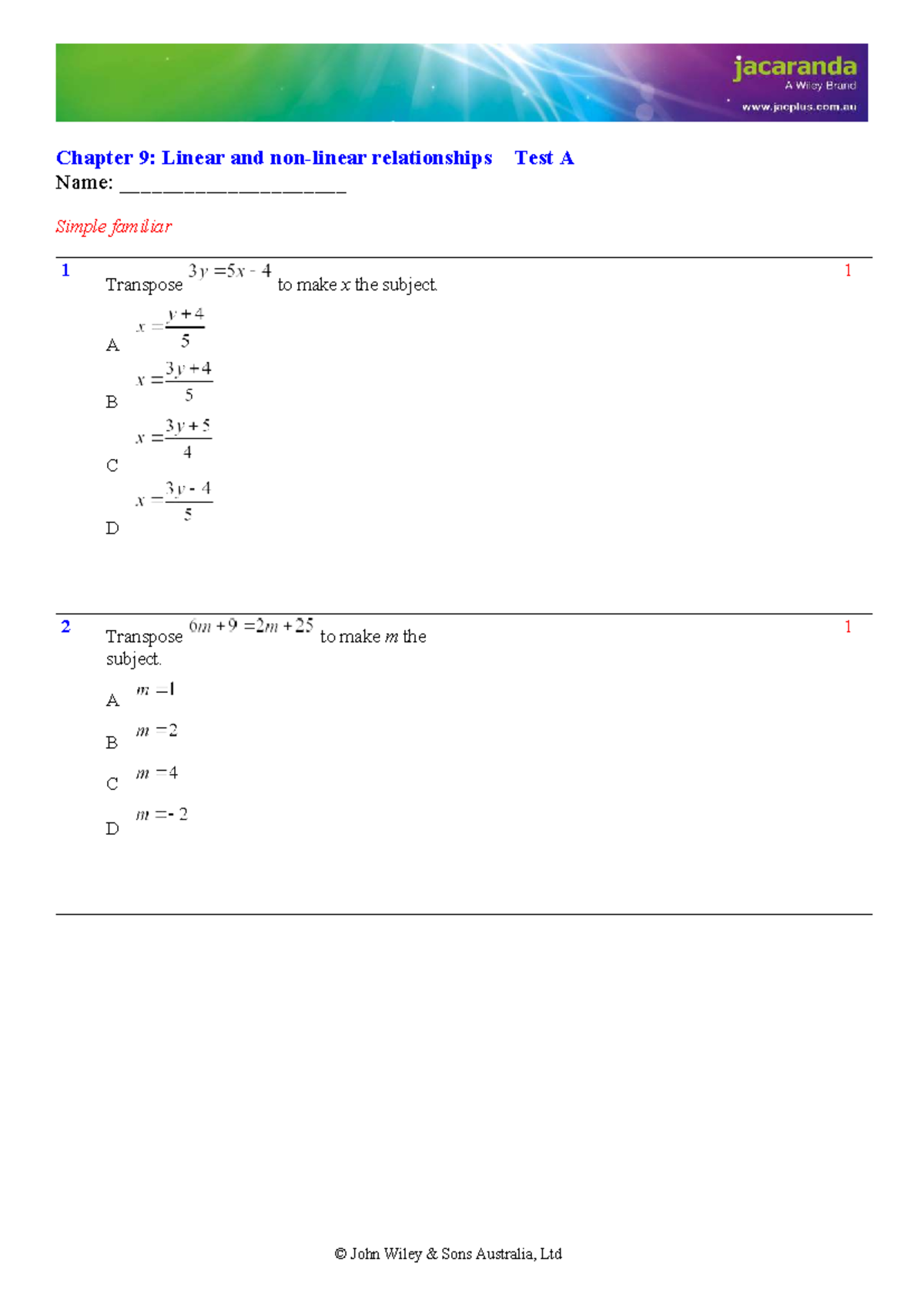 Ch 9: Linear & Non-Linear Relationships Test A - Maths Quest 11 - Studocu