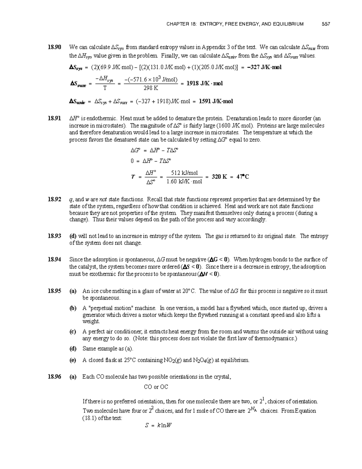 CHAPTER 18: ENTROPY, FREE ENERGY, AND EQUILIBRIUM - Solutions 10th Ed ...