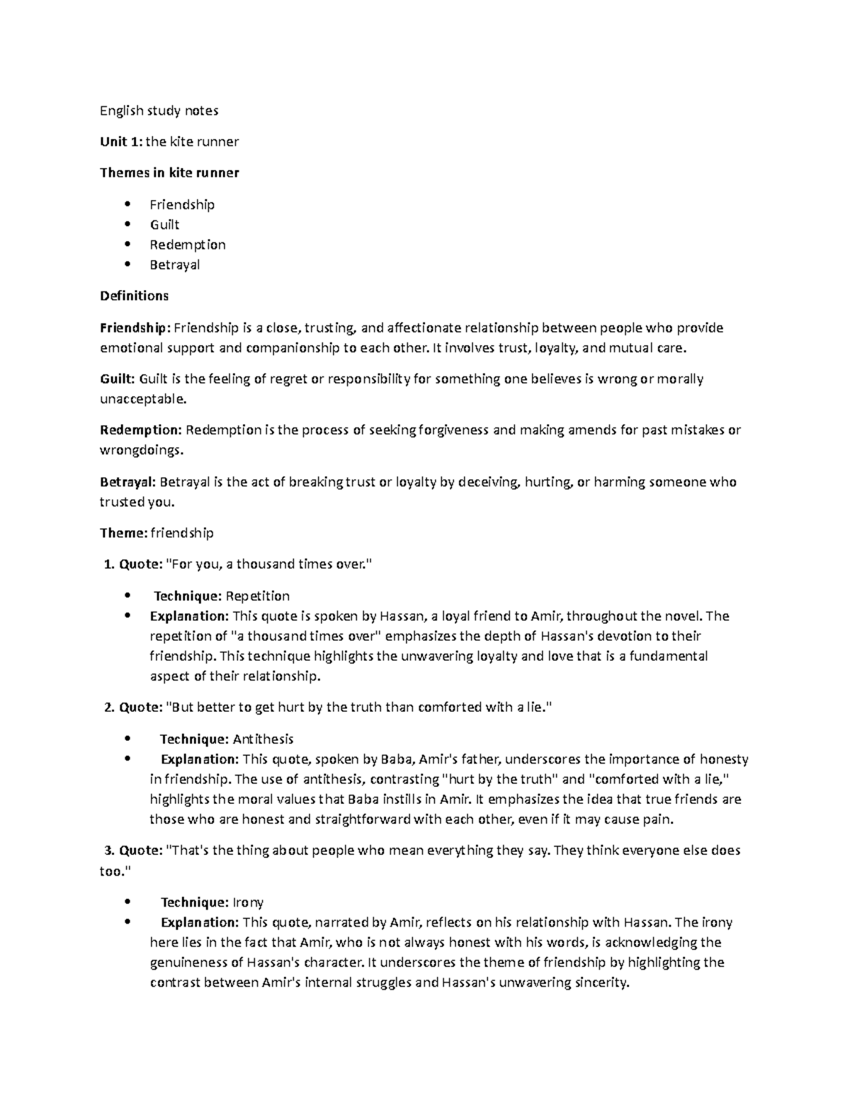 ENG 101: The Kite Runner - Key Themes and Character Analysis Notes ...