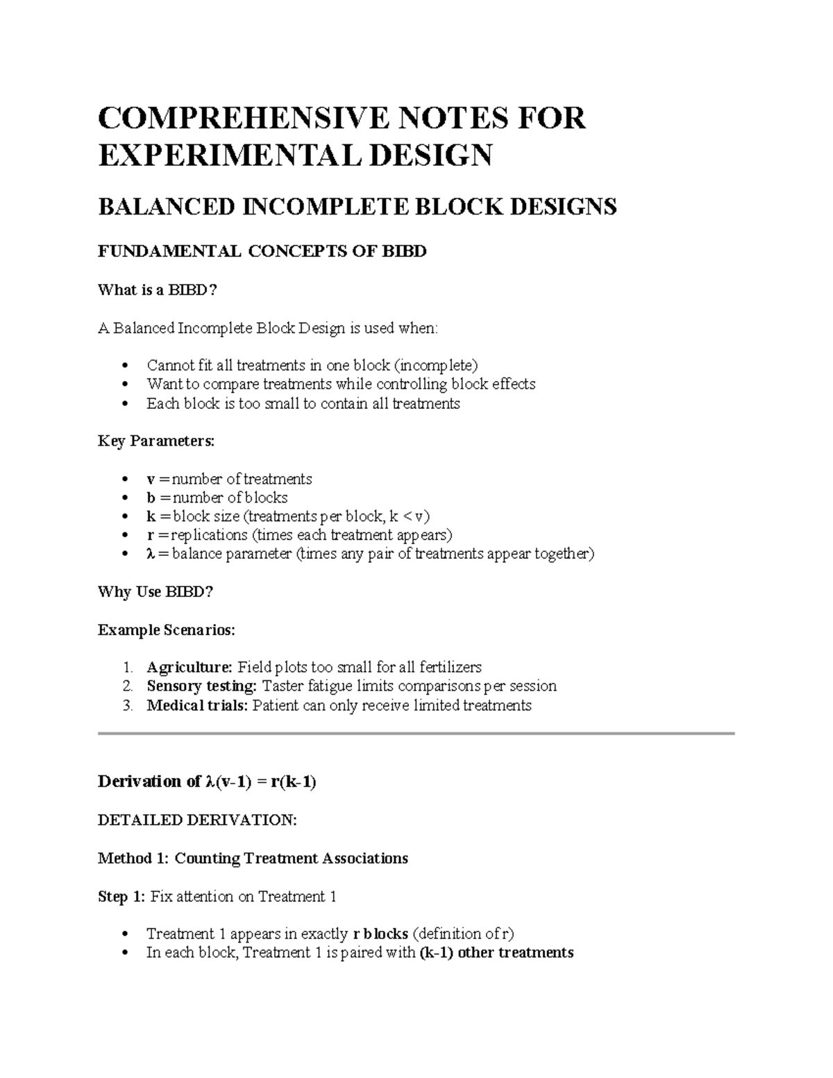 Comprehensive Notes for Experimental Design: BIBD & Factorial ...