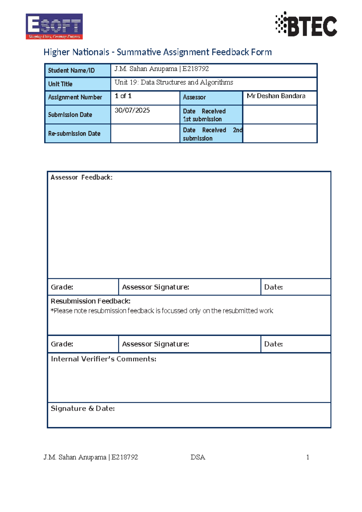 Unit 19: Data Structures and Algorithms - Summative Assignment Feedback ...