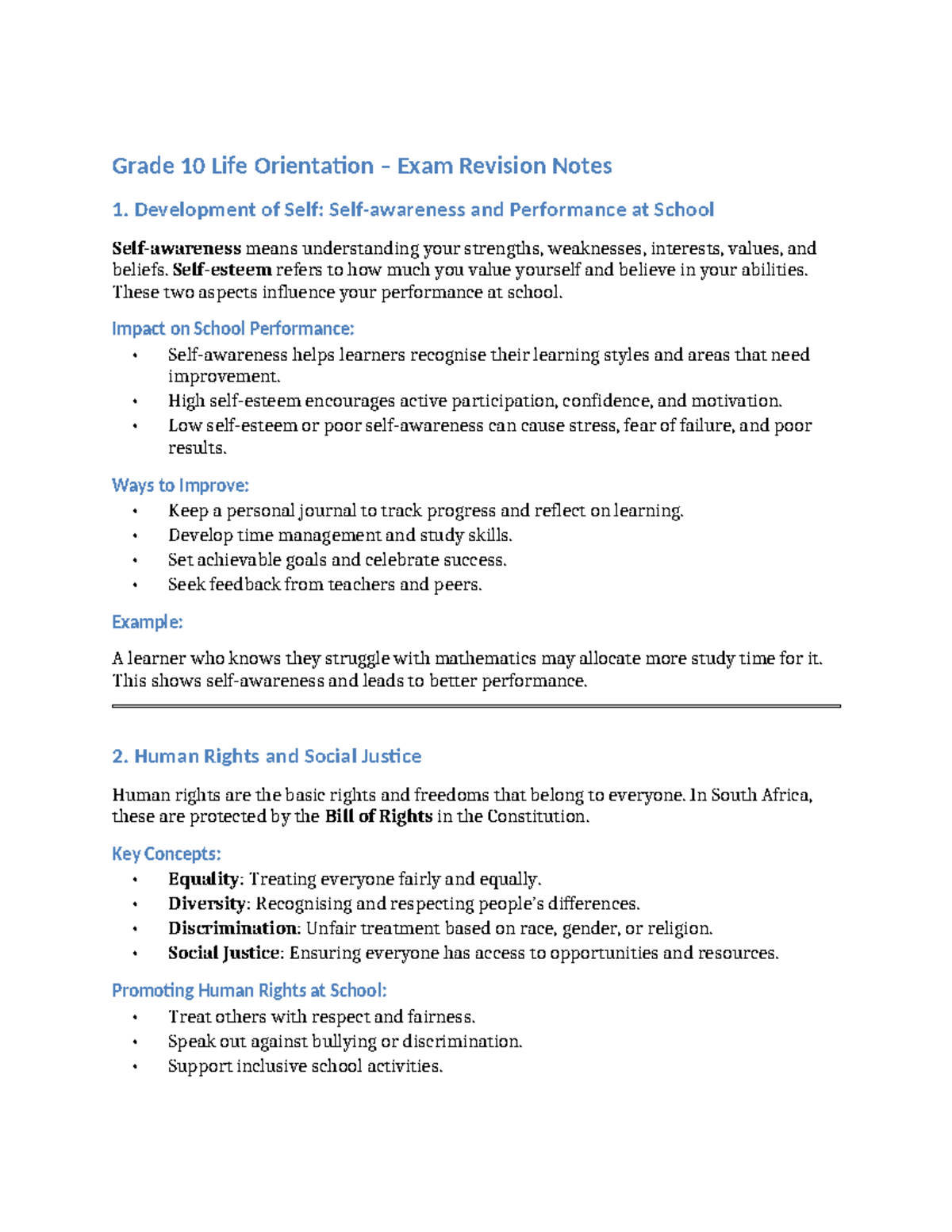 Grade 10 LO Final Exam Revision Notes: Self, Rights & Justice - Studocu