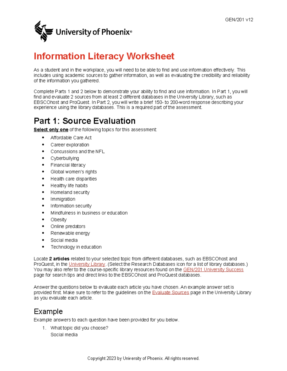 GEN/201 Information Literacy Worksheet: Week 4 Source Evaluation Guide ...