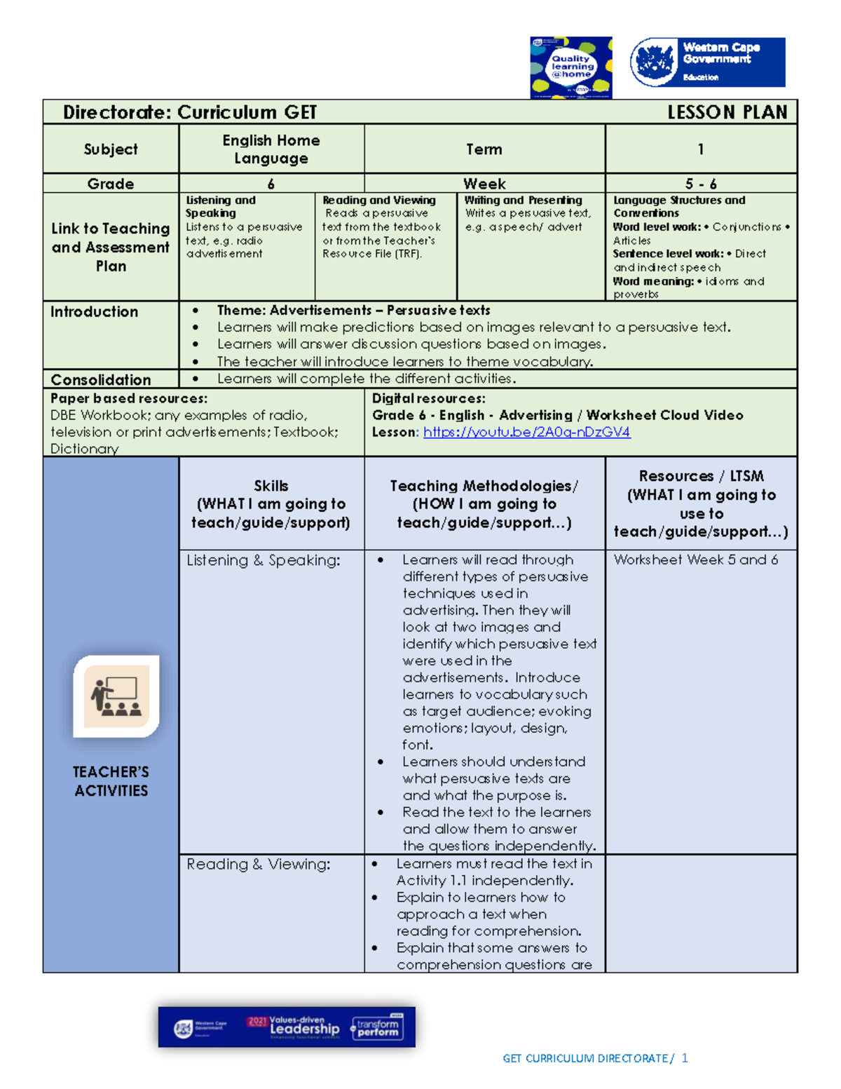 GET Curriculum Directorate: Grade 6 English Lesson Plan on Persuasive ...