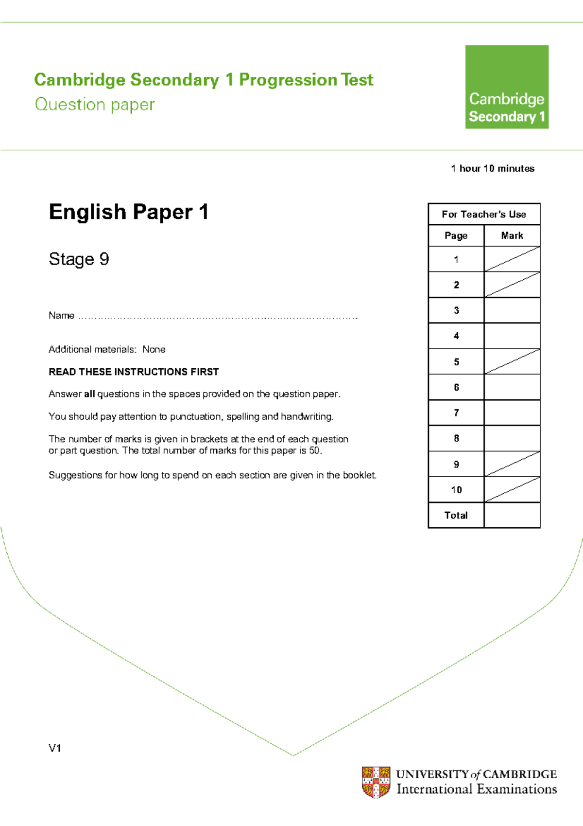 Secondary Progression Test Stage 9 English Paper 1 - For Teacher's Use ...