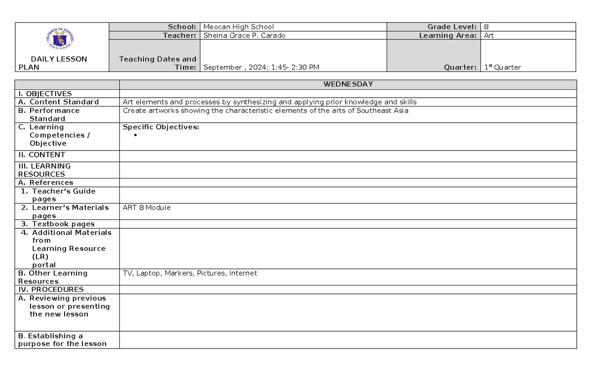 ART 8 Q1 W3 Daily Lesson Plan - Southeast Asian Art Elements - Studocu