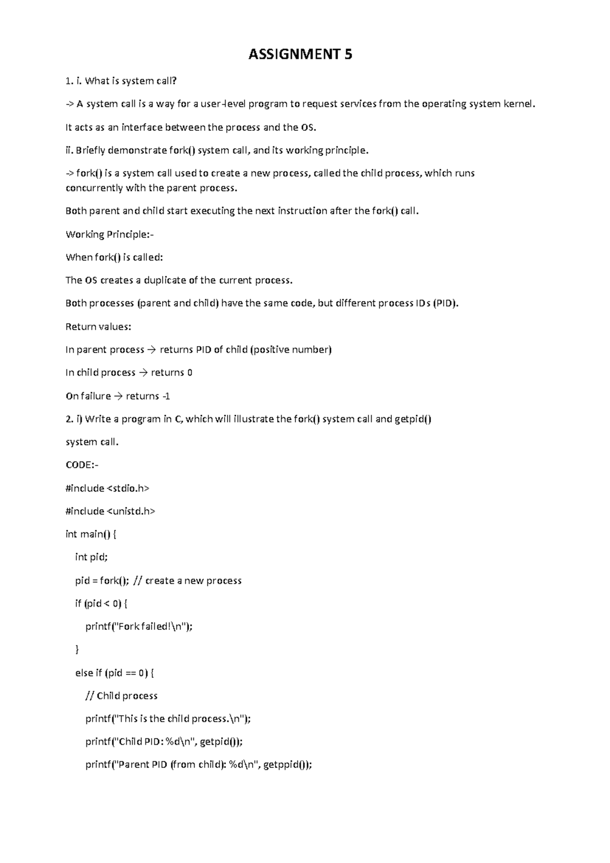 Assignment 5 - Understanding fork() System Call in OS - Studocu
