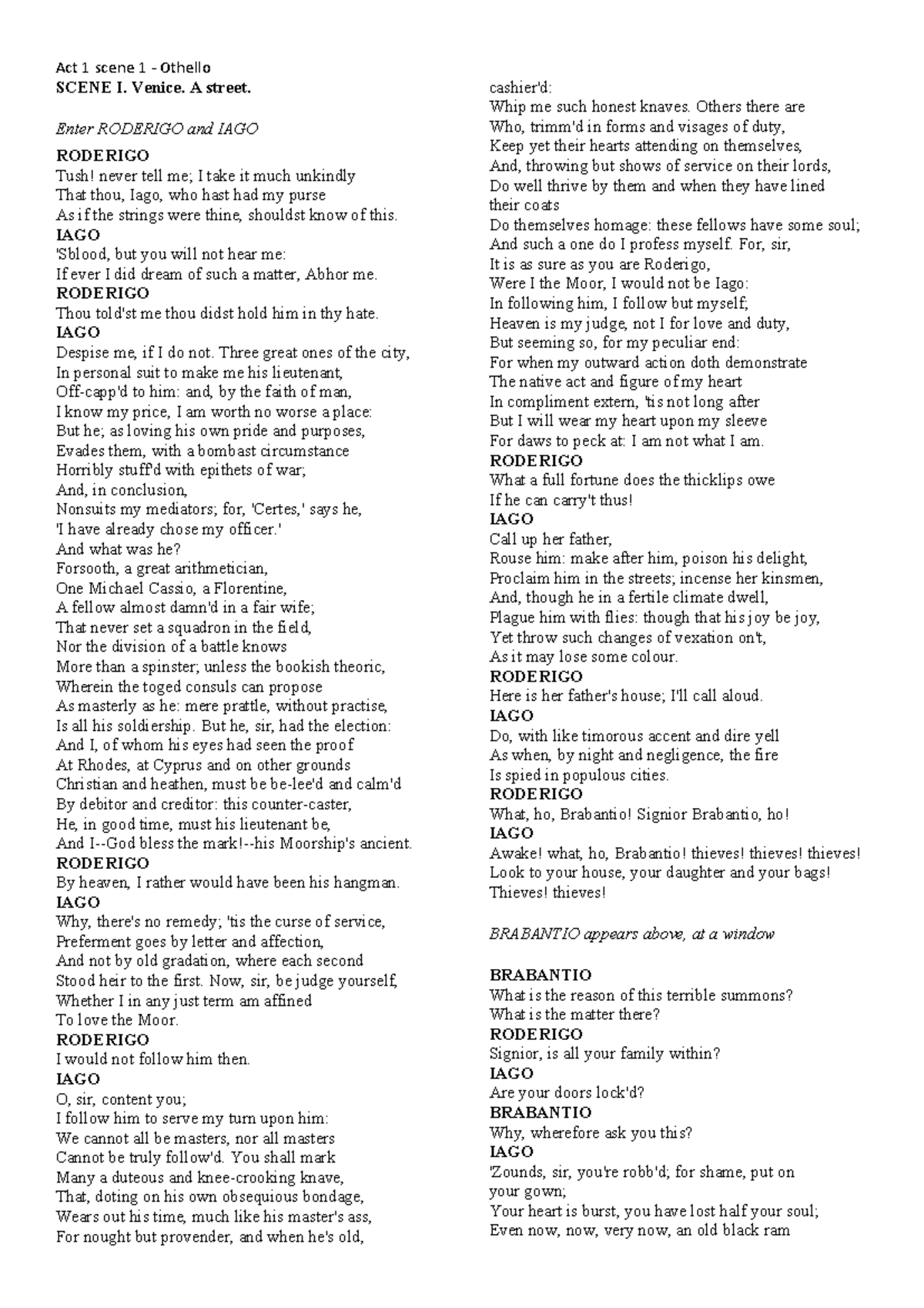 Othello Act 1 Scene 1 Analysis - OA1S1 - Studocu