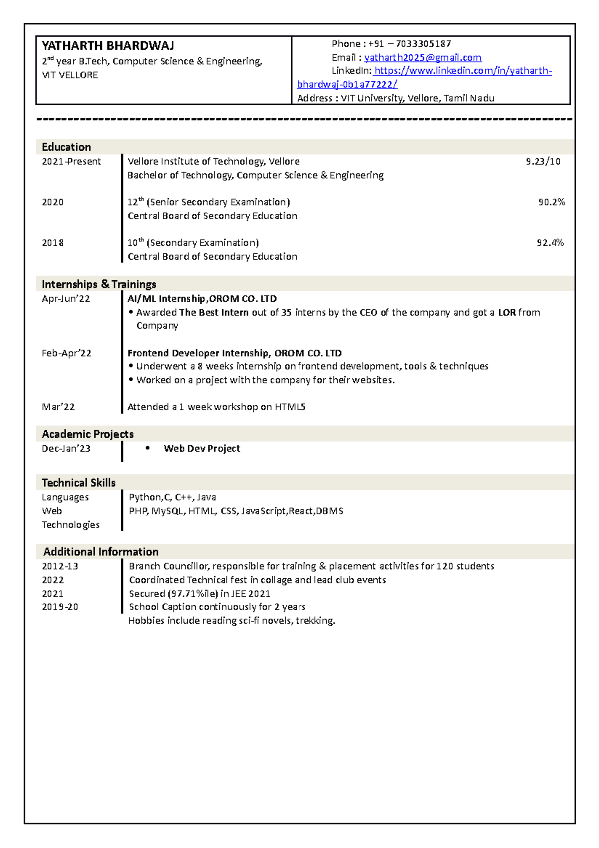 Internshala Resume Template for B.Tech CSE Students - Yatharth Bhardwaj ...