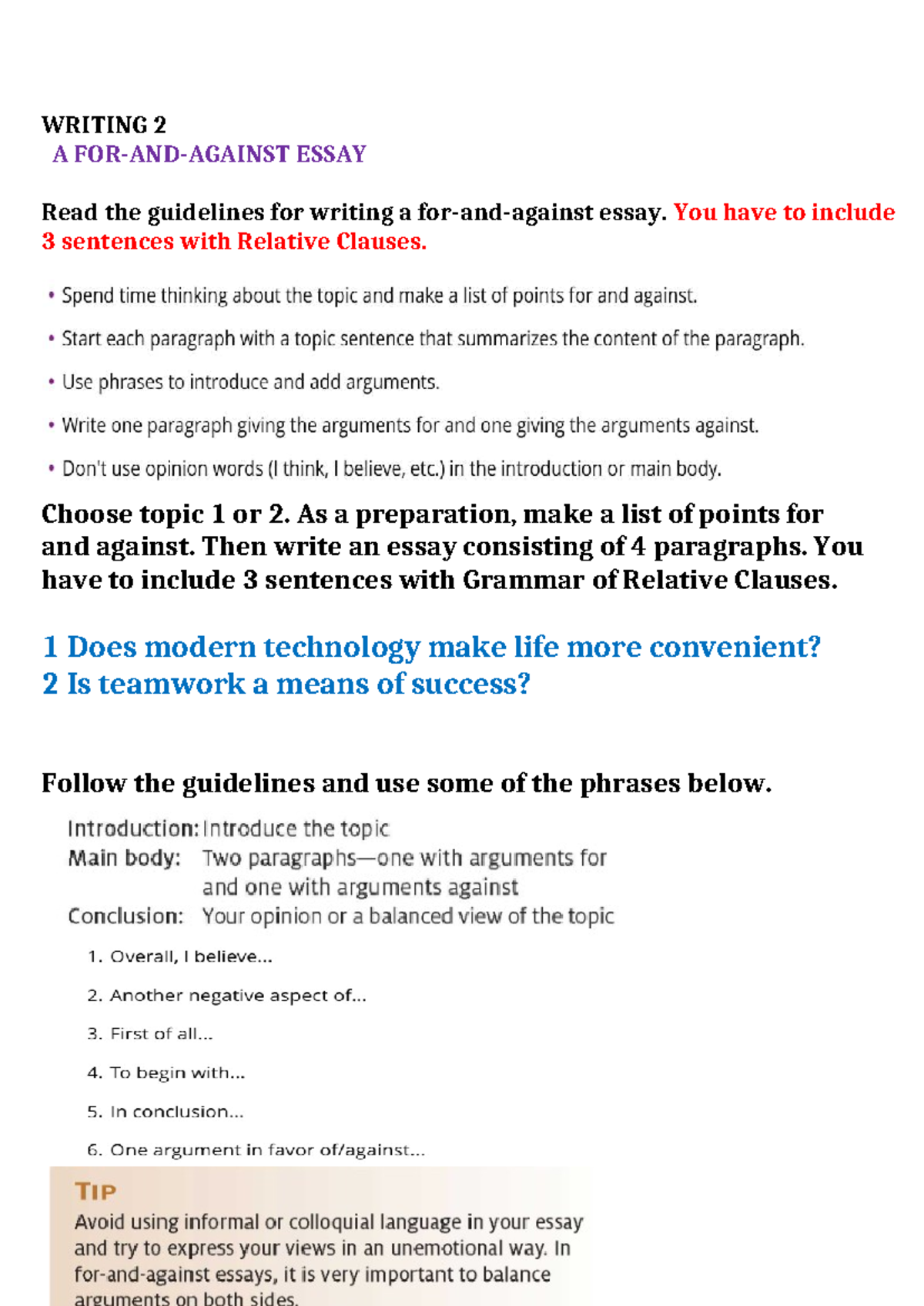 Writing 2 Intermediate 12 - WRITING 2 A FOR-AND-AGAINST ESSAY Read the ...
