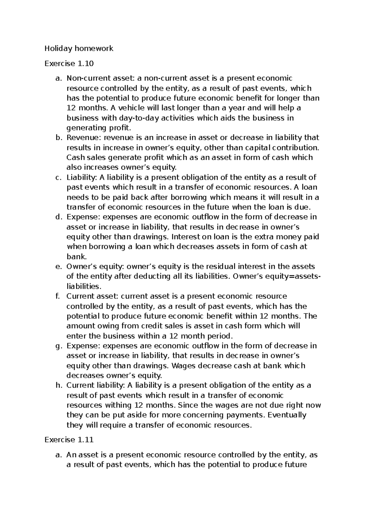 Holiday Homework - Exercise 1.10 & 1.11 on Assets and Liabilities - Studocu