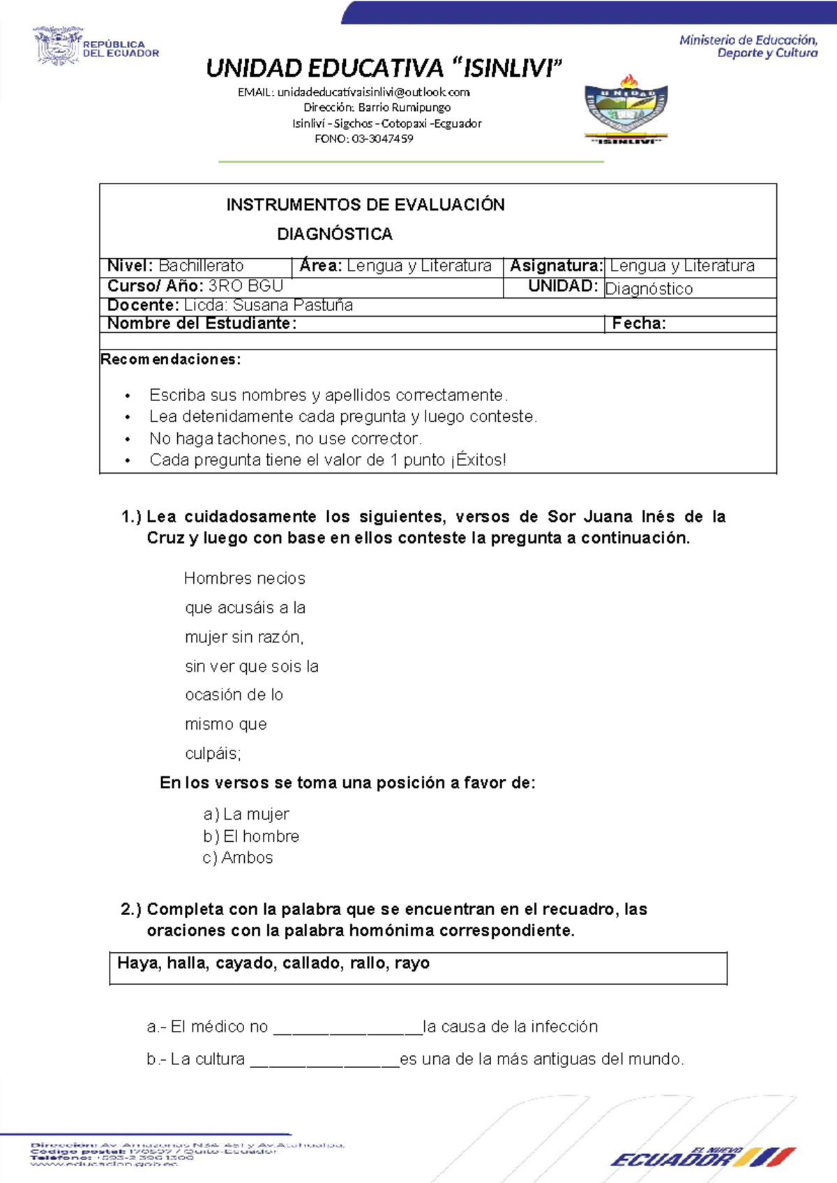 Prueba Diagnóstica de Lengua y Literatura 3RO BGU - Studocu