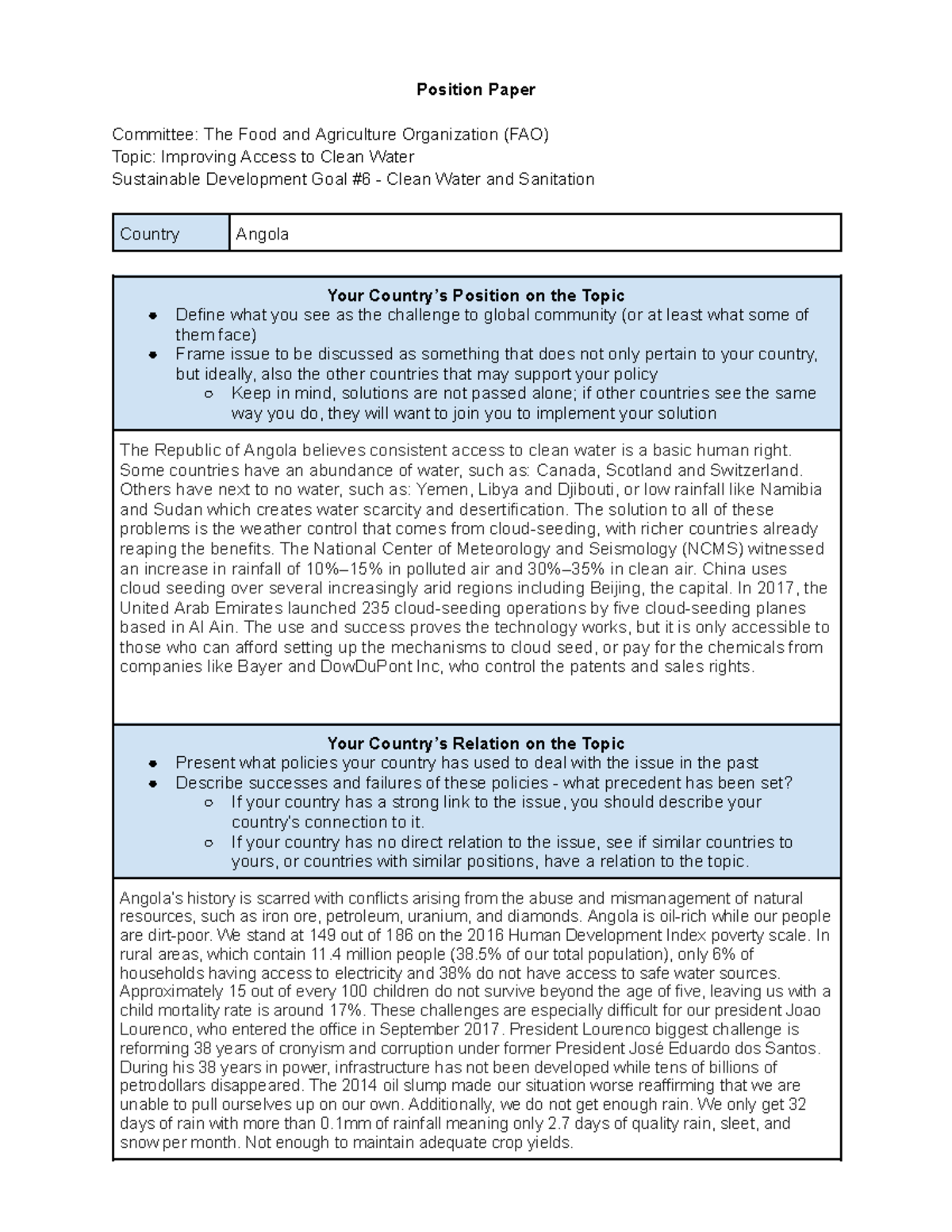 Model UN Position Paper: FAO on Clean Water Access in Angola - Studocu