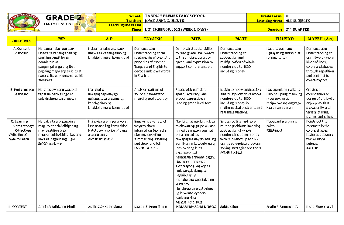 DLL ALL Subjects 2 Q2 W1 D3 - GRADE 2 DAILY LESSON LOG School: TABINAY ELEMENTARY SCHOOL Grade ...