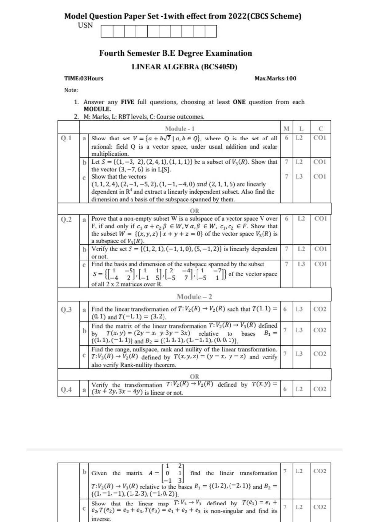 BCS405D - Linear Algebra Model Question Paper Set 1 (2022) - Studocu