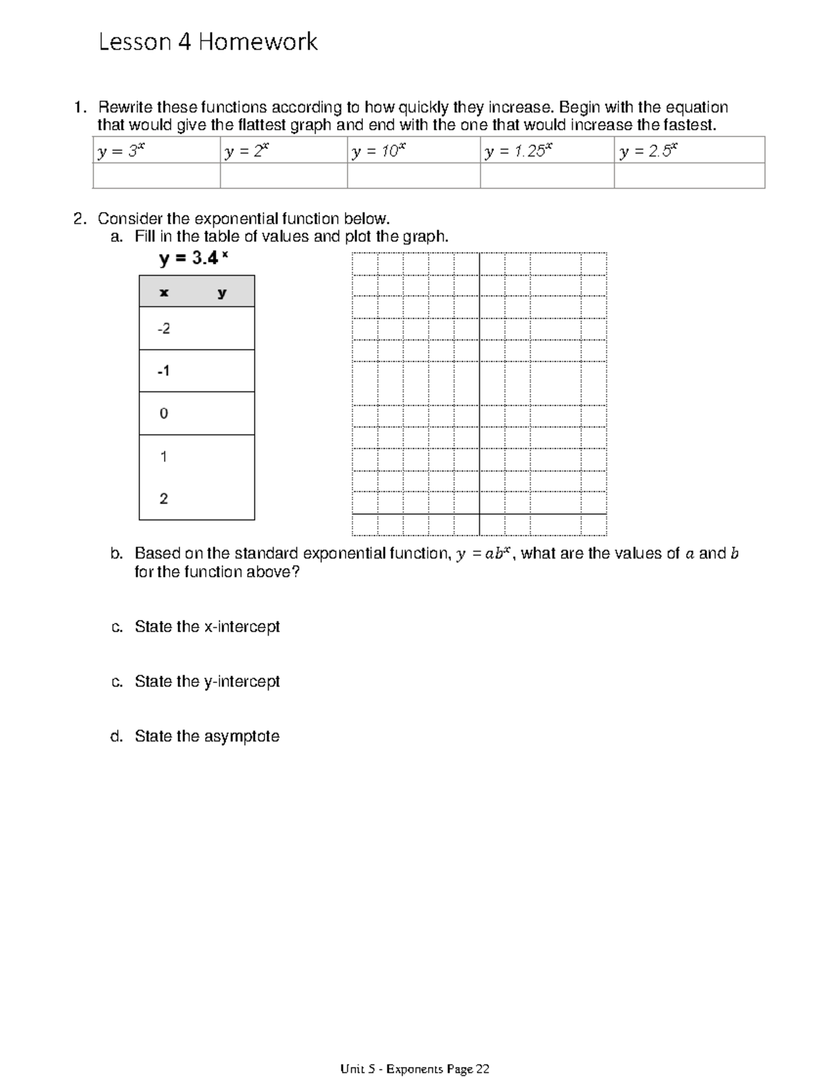 Unit 5 - Exponents: Lesson 4 Homework on Increasing Exponential ...