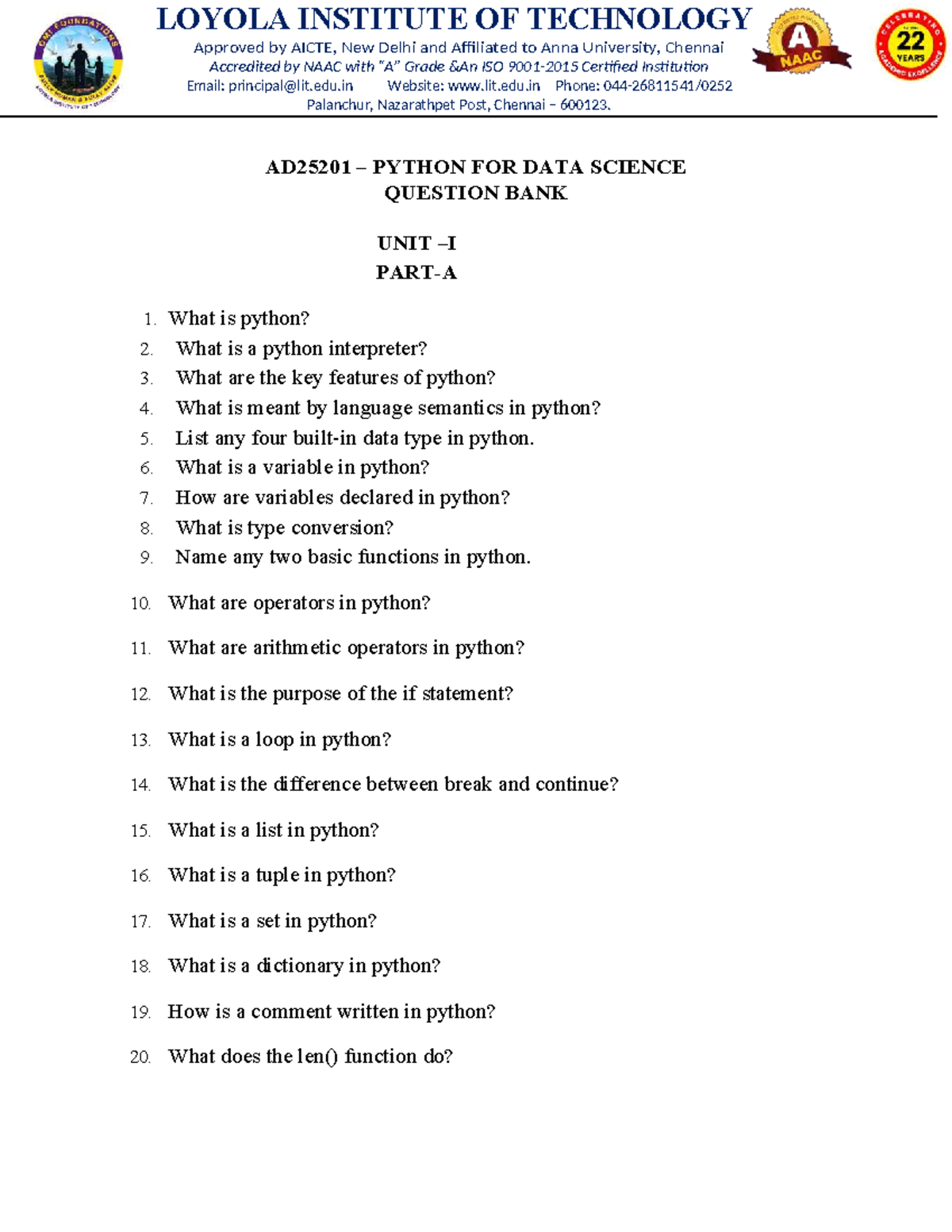 QB FOR PDS - PYTHON FOR DATA SCIENCE QUESTION BANK - Studocu