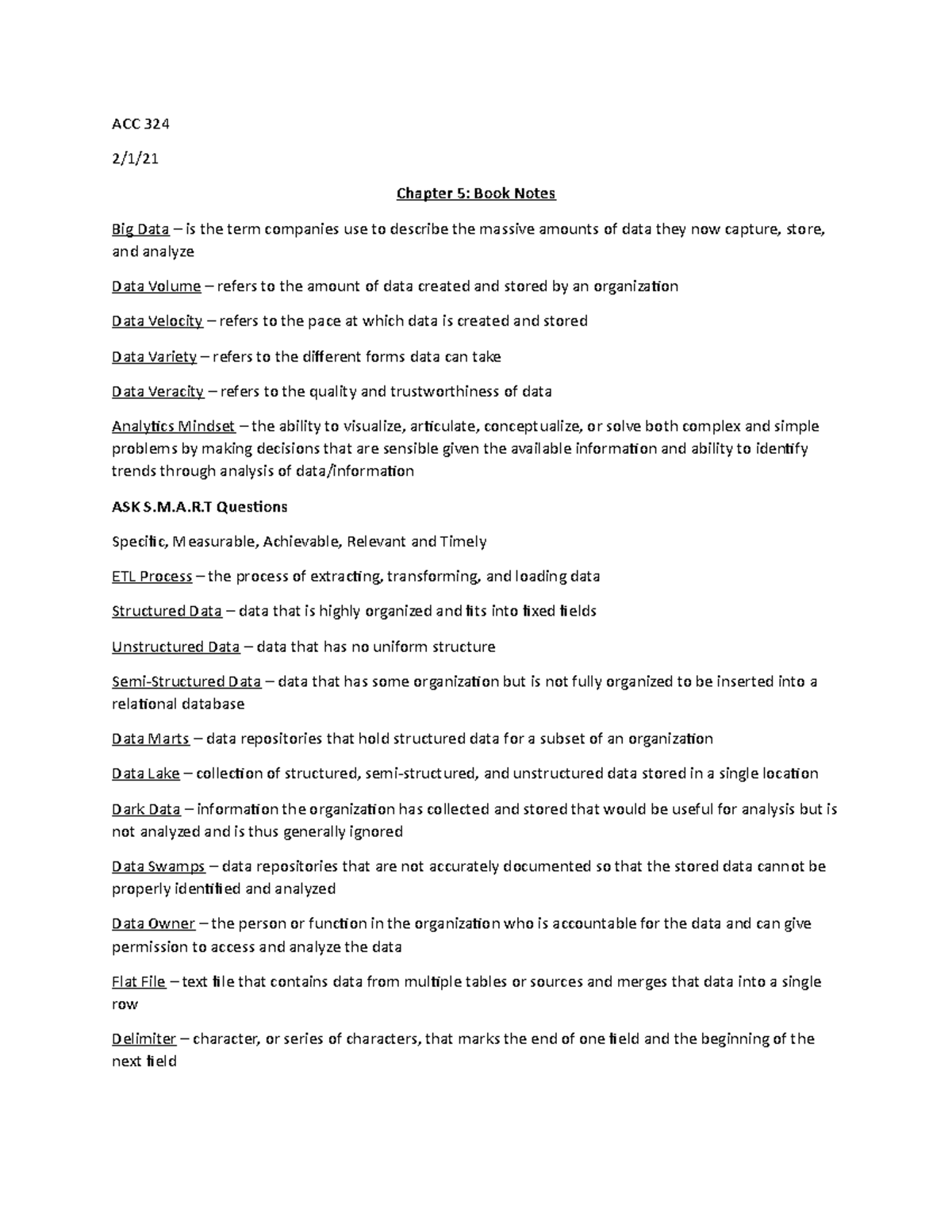 Chapter 5 - Book Notes - ACC 324 2/1/ Chapter 5: Book Notes Big Data ...