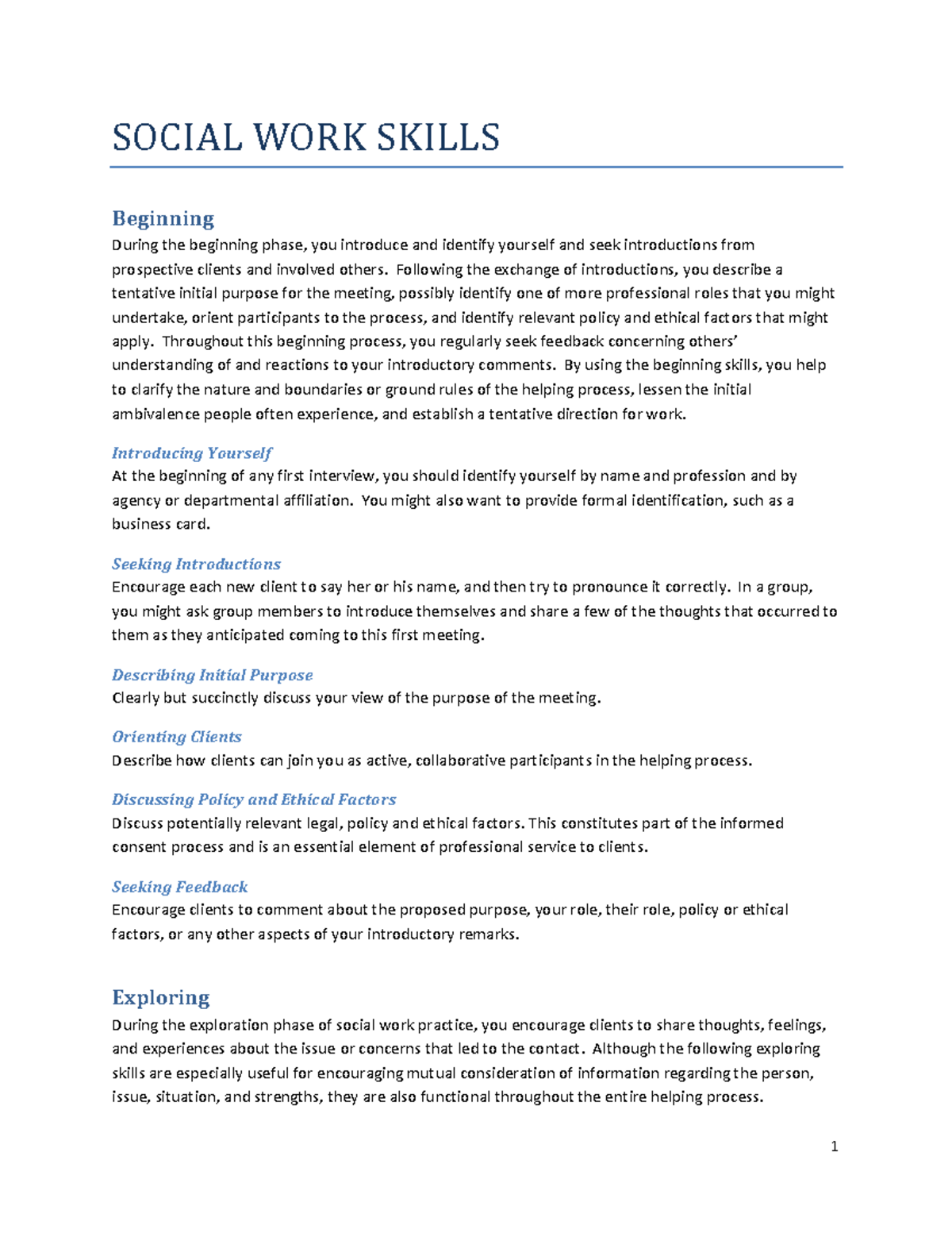 Social Work Skills - SOCIAL WORK SKILLS Beginning During the beginning ...