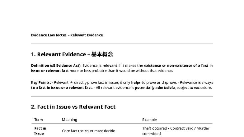 Evidence Law Notes: Understanding Relevant Evidence Concepts - Studocu