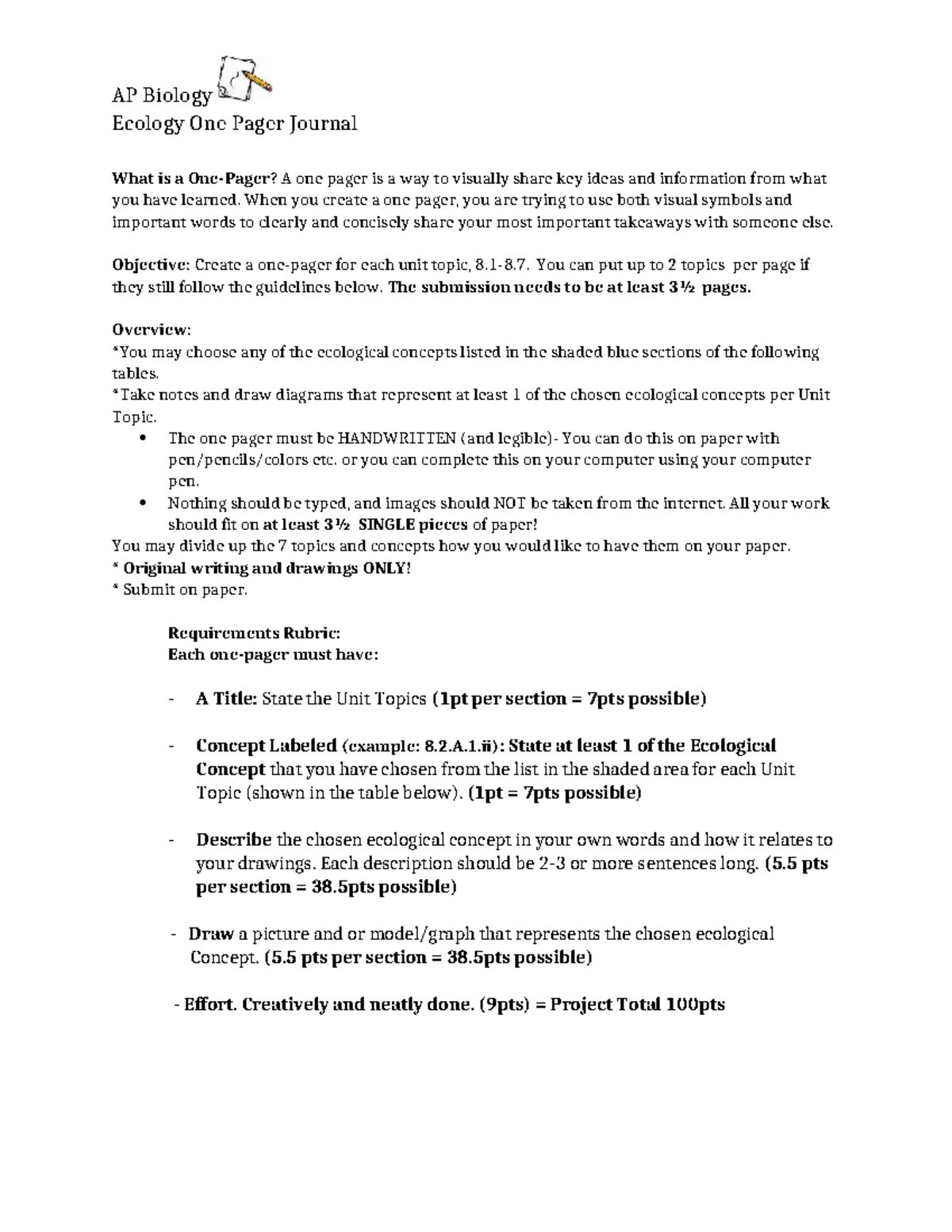 AP Biology 2026 Unit 8 Ecology One Pager Project Guidelines - Studocu