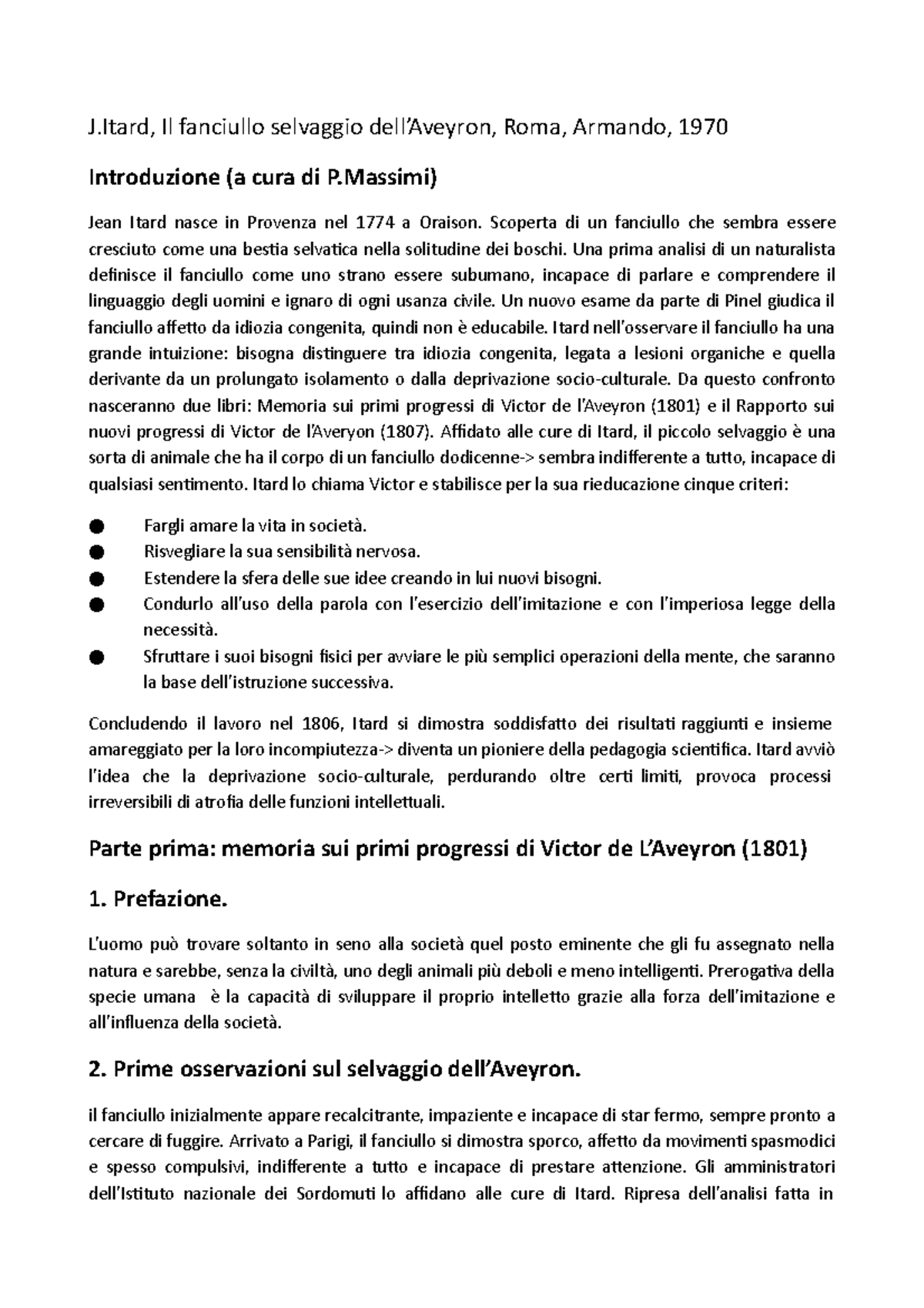Riassunto del Caso di Victor de l'Aveyron - J. Itard - Studocu