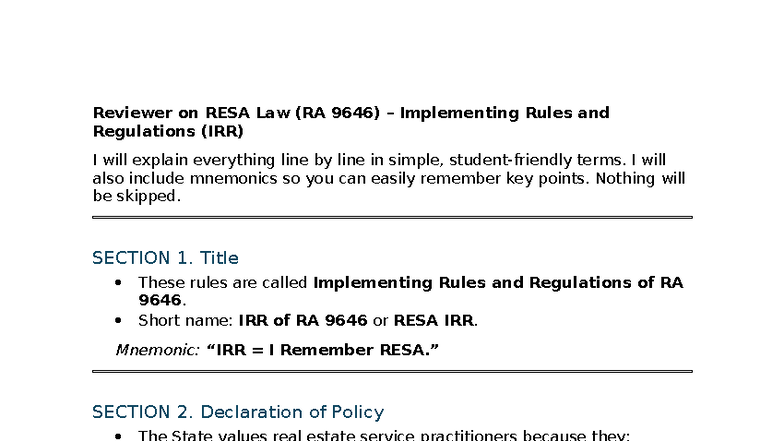 RESA Law (RA 9646) IRR Comprehensive Reviewer with Mnemonics - Studocu