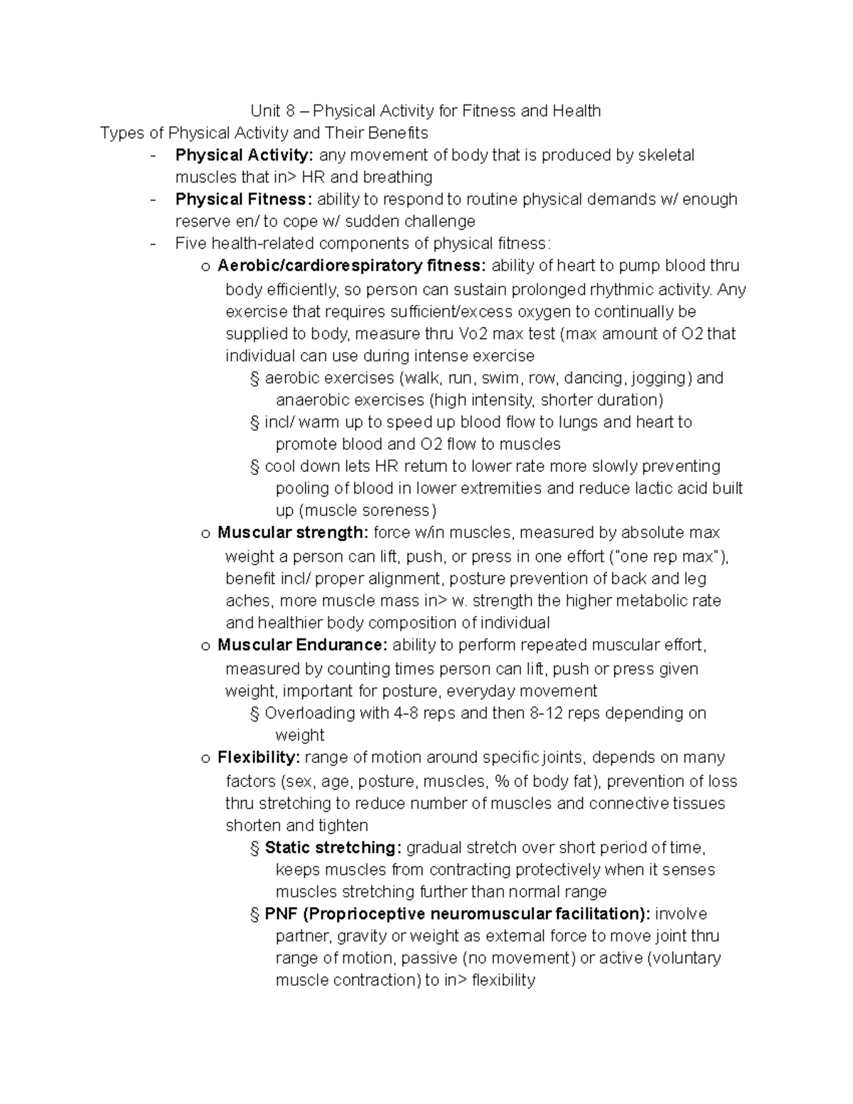 Unit 8 - Physical Activity for Fitness & Health Overview - Studocu