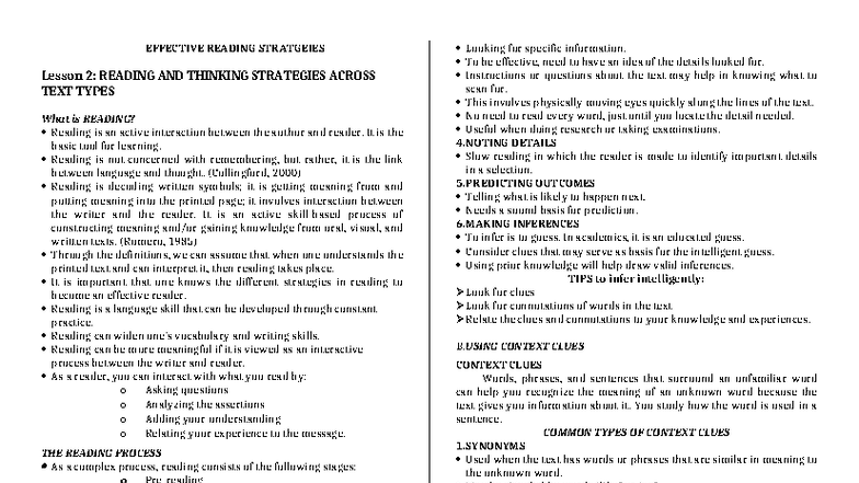 EFFECTIVE READING STRATEGIES Lesson 2: Reading & Thinking Techniques ...
