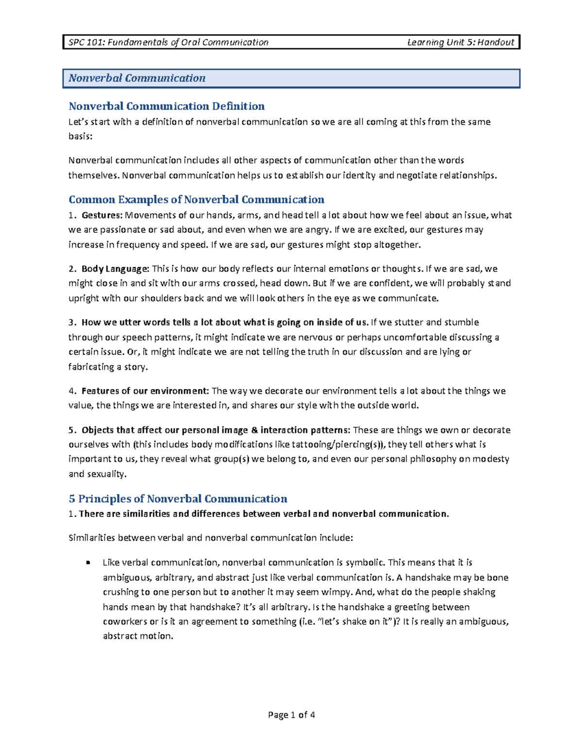 SPC 101: Nonverbal Communication - Learning Unit 5 Handout - Studocu