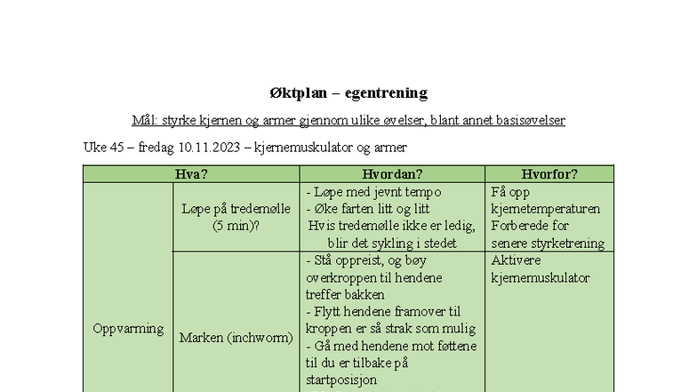 Egentrening Øktplan Uke 45: Styrke Kjernen og Armer - Studocu