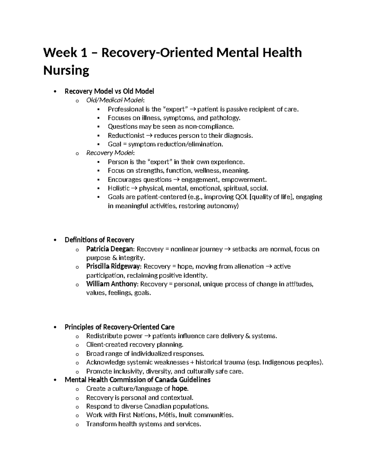 Midterm Study Notes: Mental Health Nursing Recovery Model & MCQs - Studocu