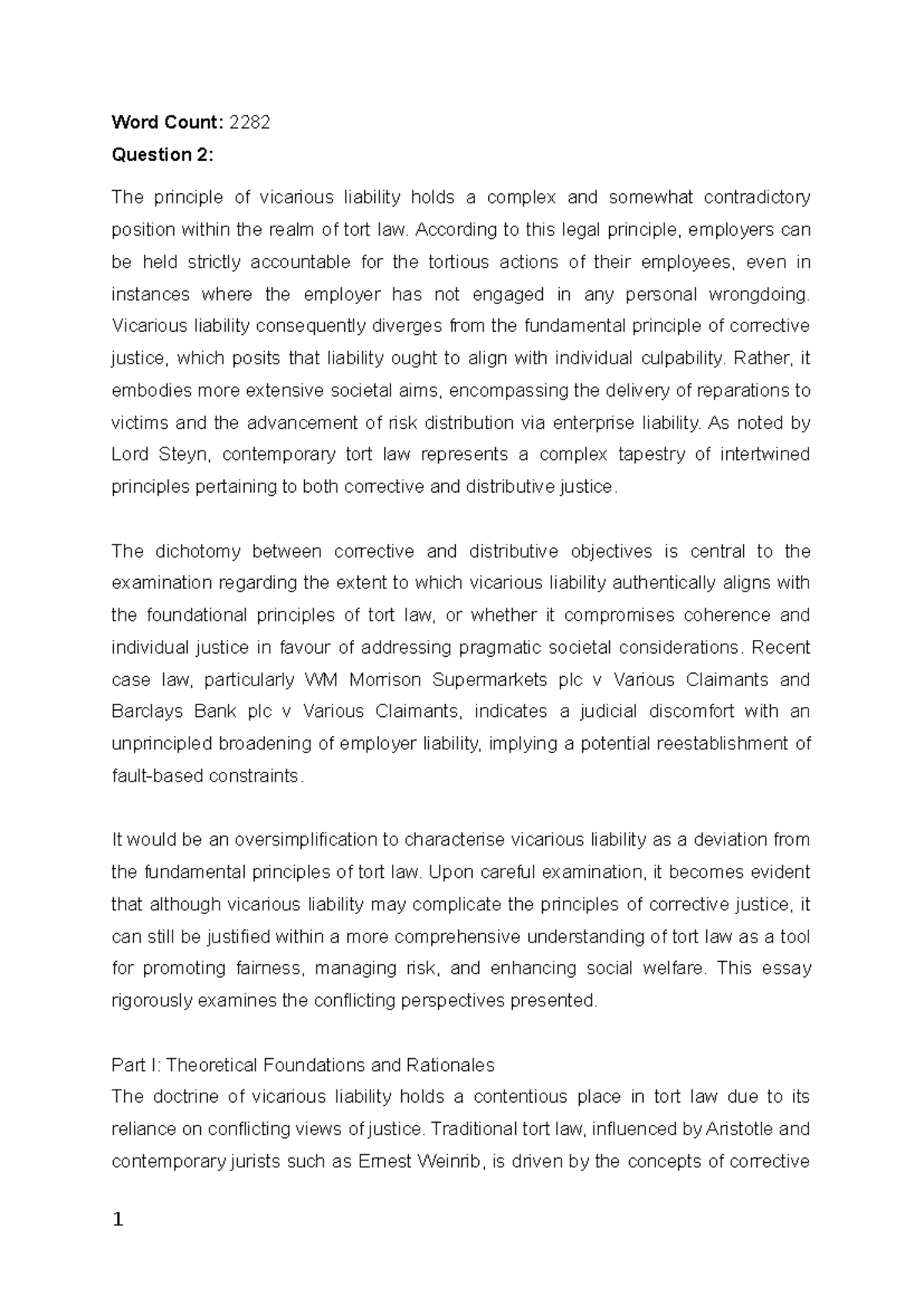 Tort Law Analysis: Vicarious Liability and Justice Principles - Final ...