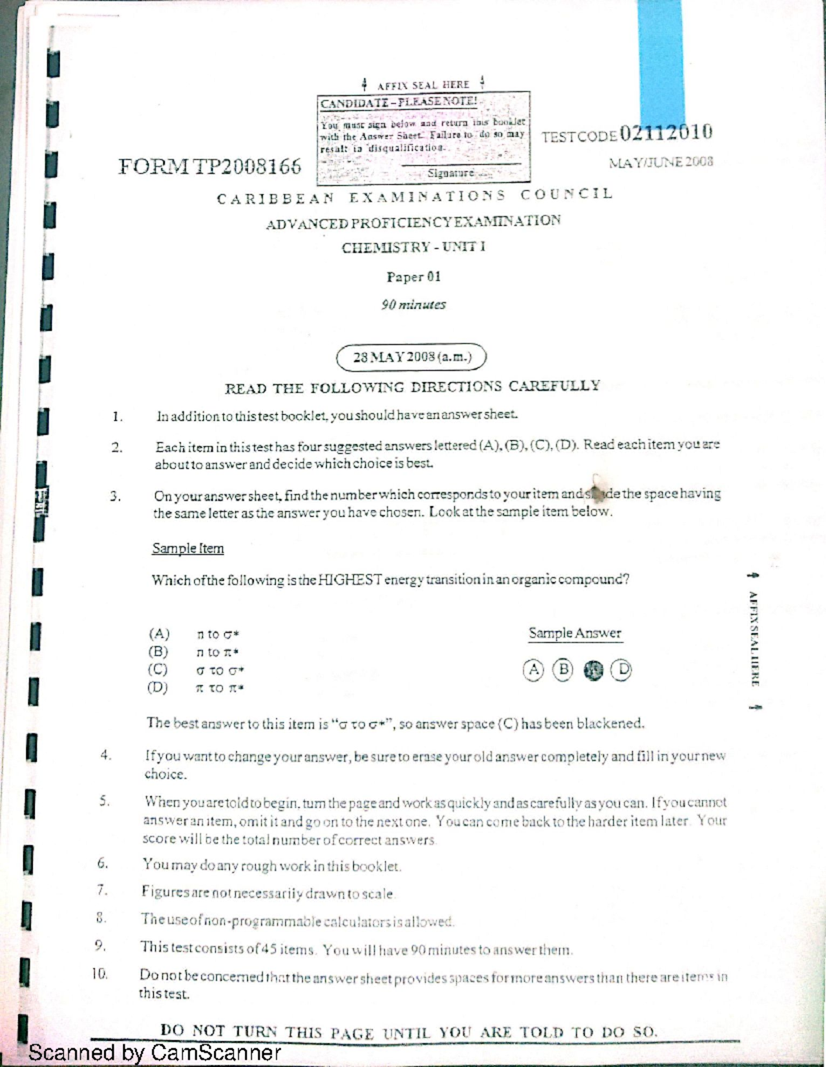 2008 CAPE Chemistry Unit I Paper 01 Exam Instructions and Questions ...