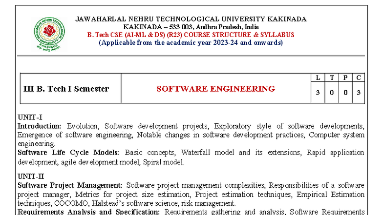 B. Tech CSE (R23) Software Engineering Course Structure & Syllabus ...