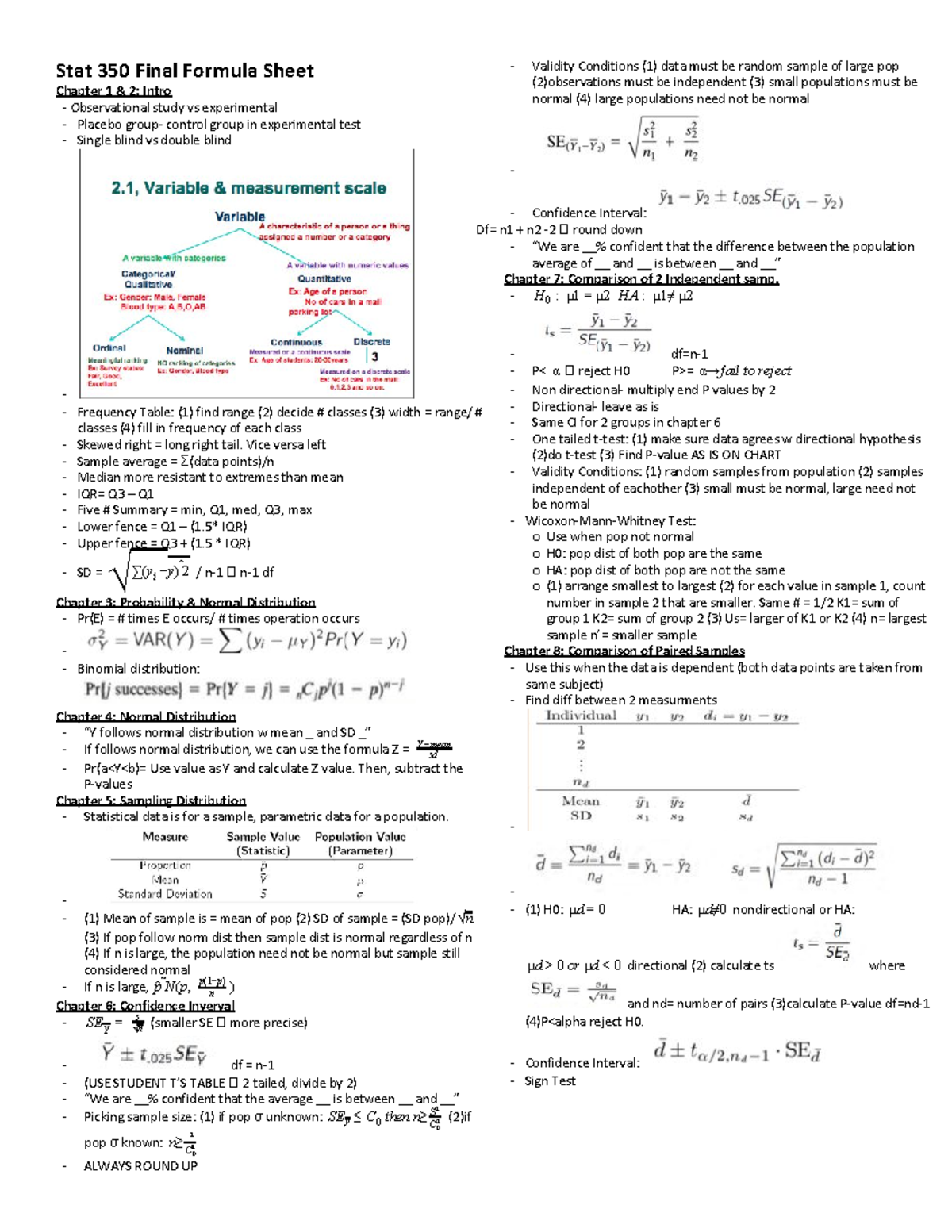 Stat 350 Final Exam Comprehensive Formula Sheet - Studocu