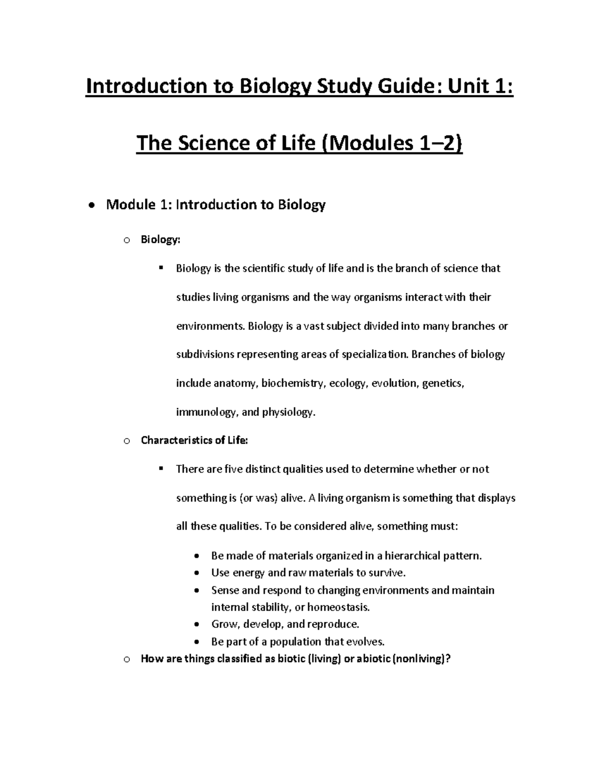 Biology Study Guide: Unit 1, Module 1 Overview and Key Concepts - Studocu