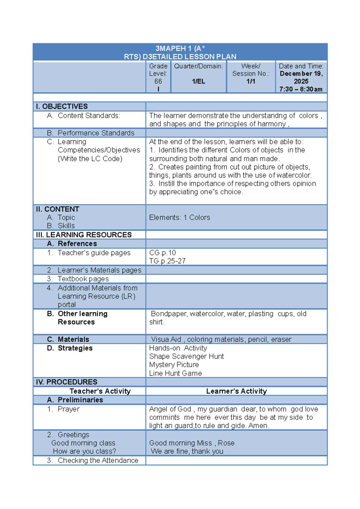 3MAPEH 1 Detailed Lesson Plan: Understanding Colors & Shapes - Studocu