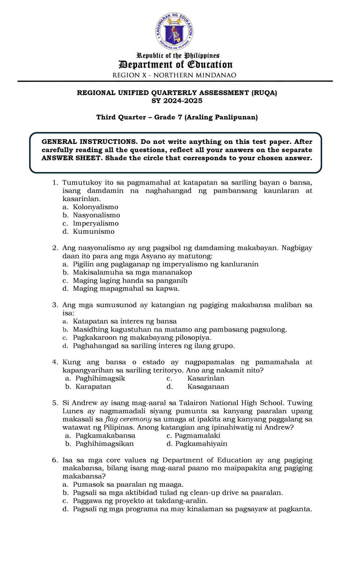 AP G7 Test Questionnaire Q3 - REGIONAL UNIFIED QUARTERLY ASSESSMENT ...