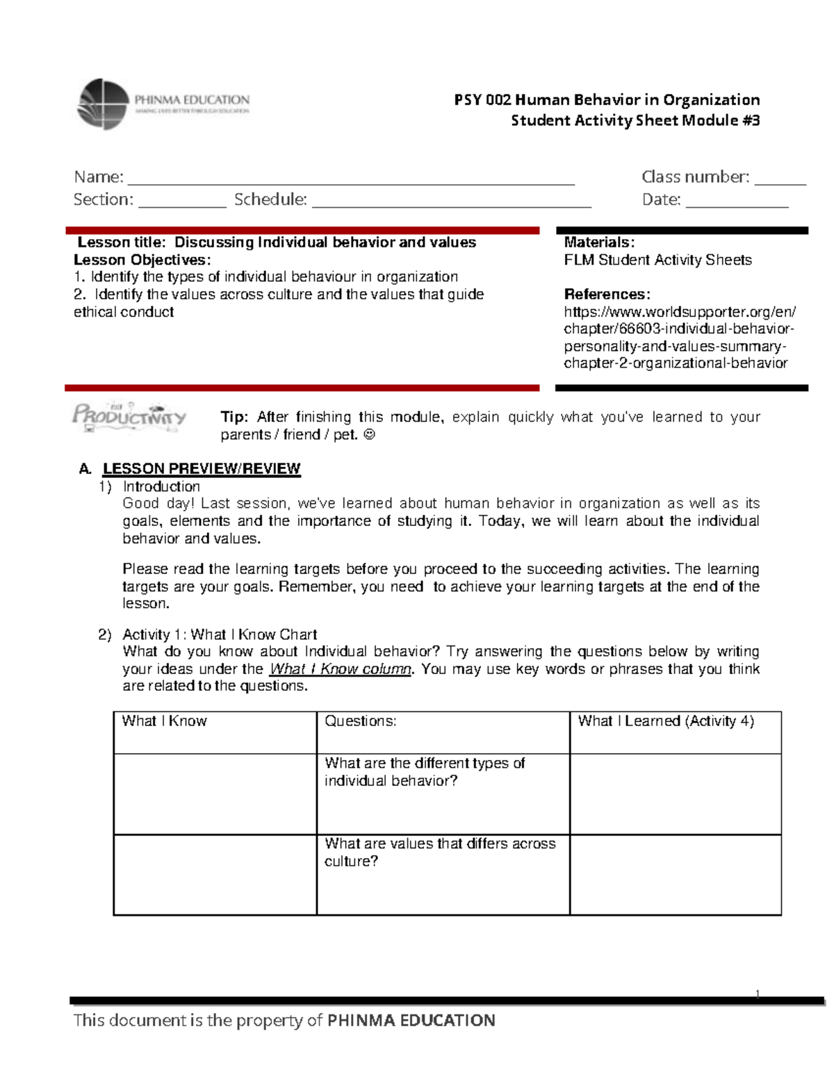 PSY 002 Student Activity Sheet: Individual Behavior & Values in ...