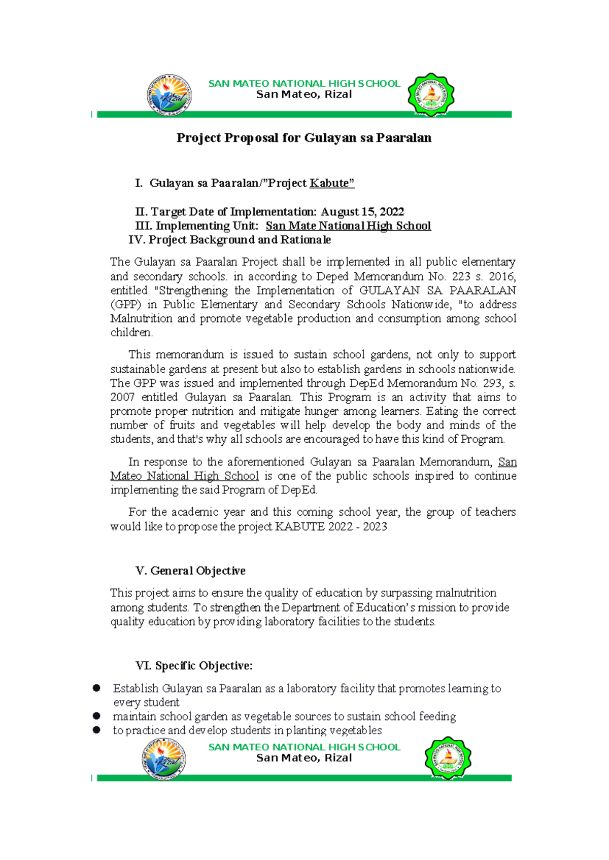Project Proposal for Gulayan sa Paaralan 2024-2025: Enhancing Nutrition ...
