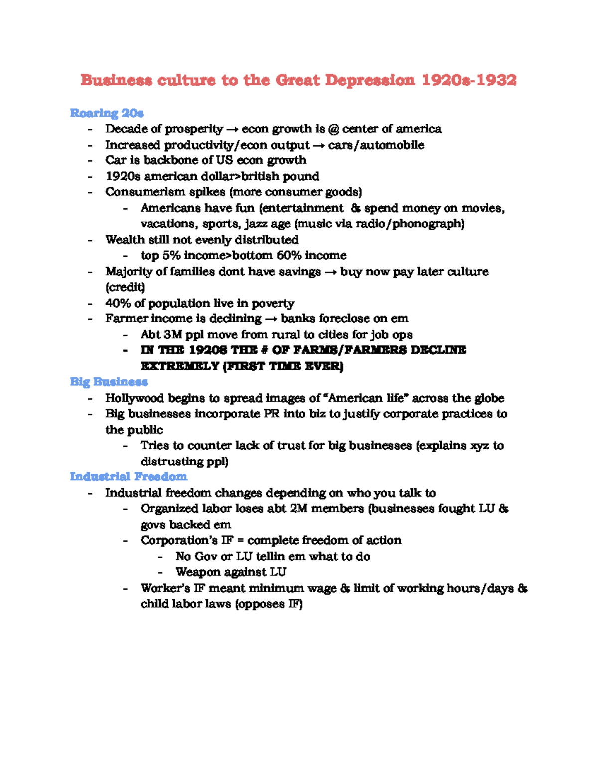 APUSH Notes: Business Culture and Social Changes in the 1920s - Studocu
