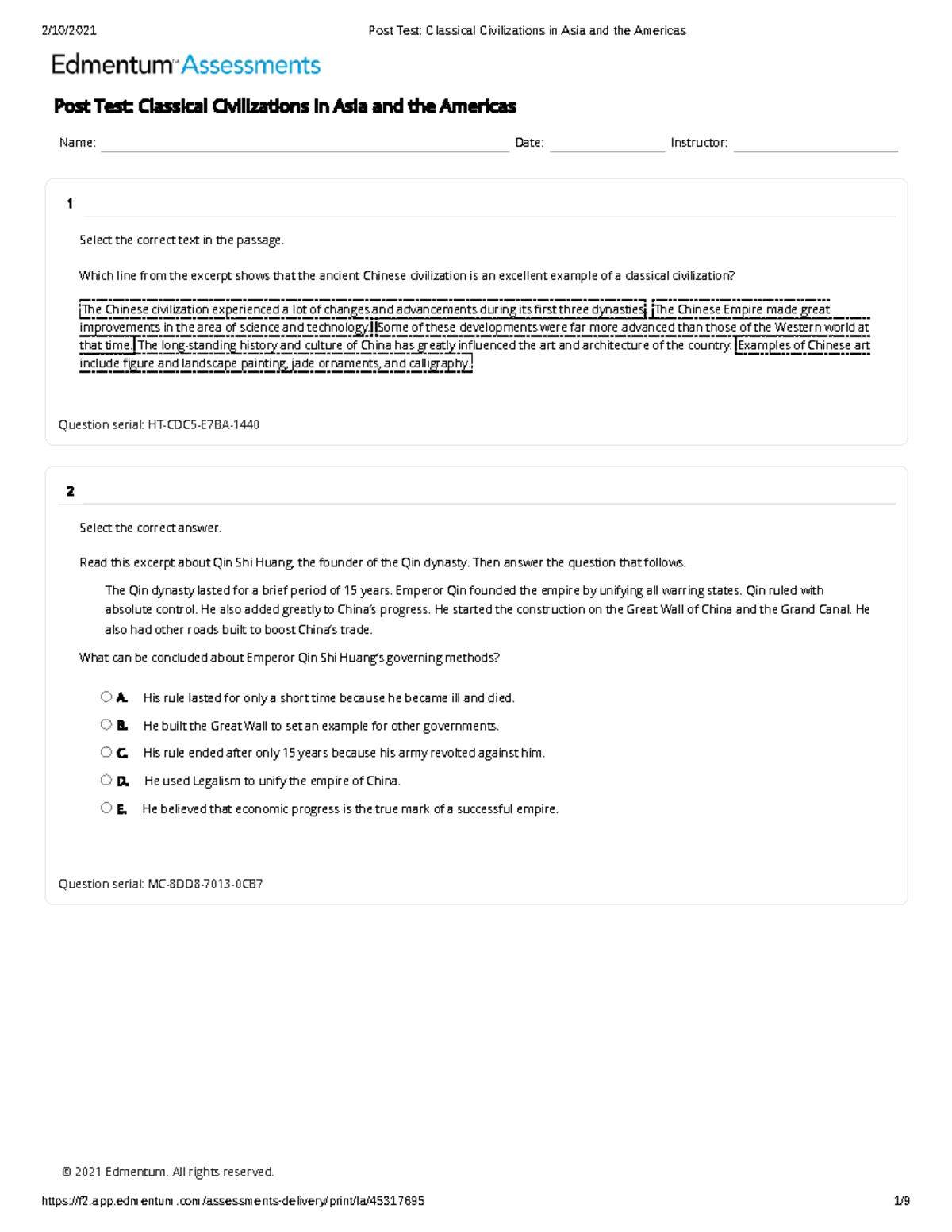 Unit 1 Post Test Classical Civilizations in Asia and the Americas ...