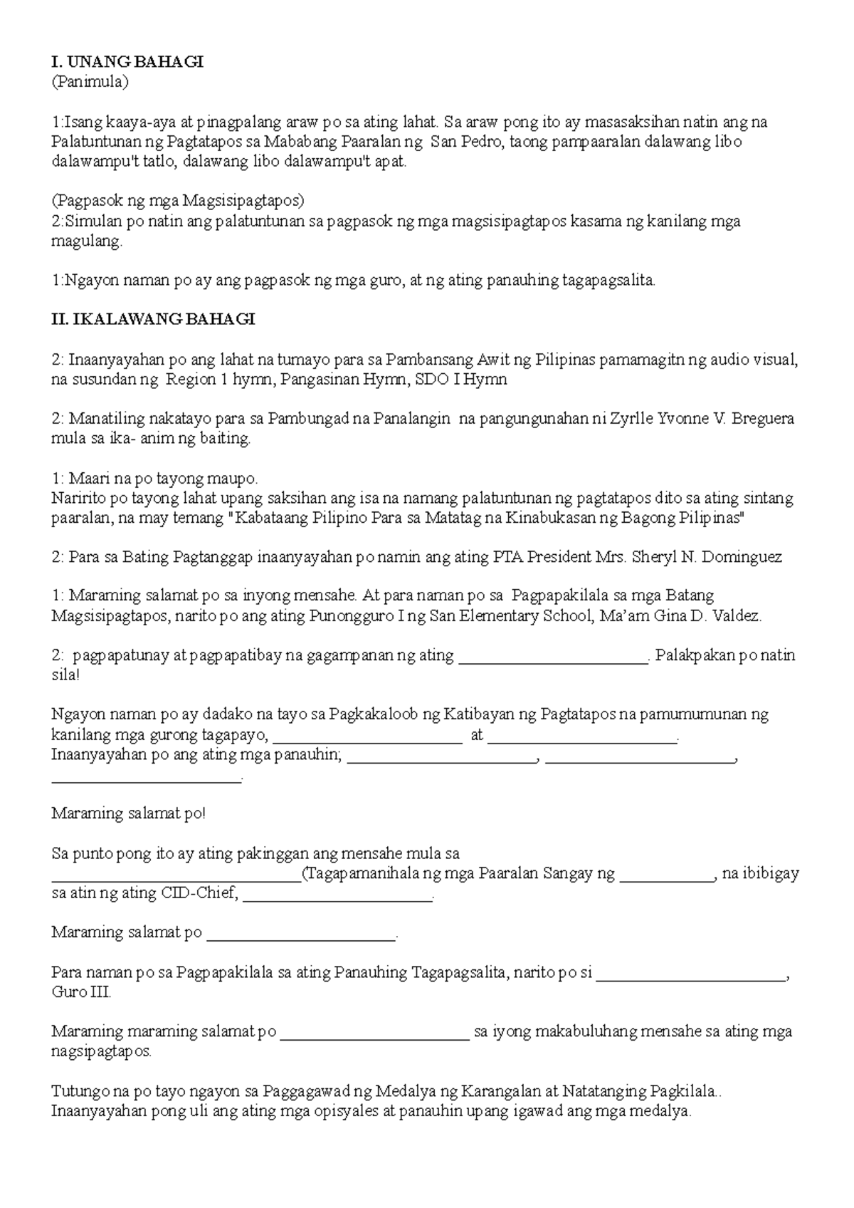 Graduation Script 2024 para sa Mababang Paaralan (Tagalog) - Studocu